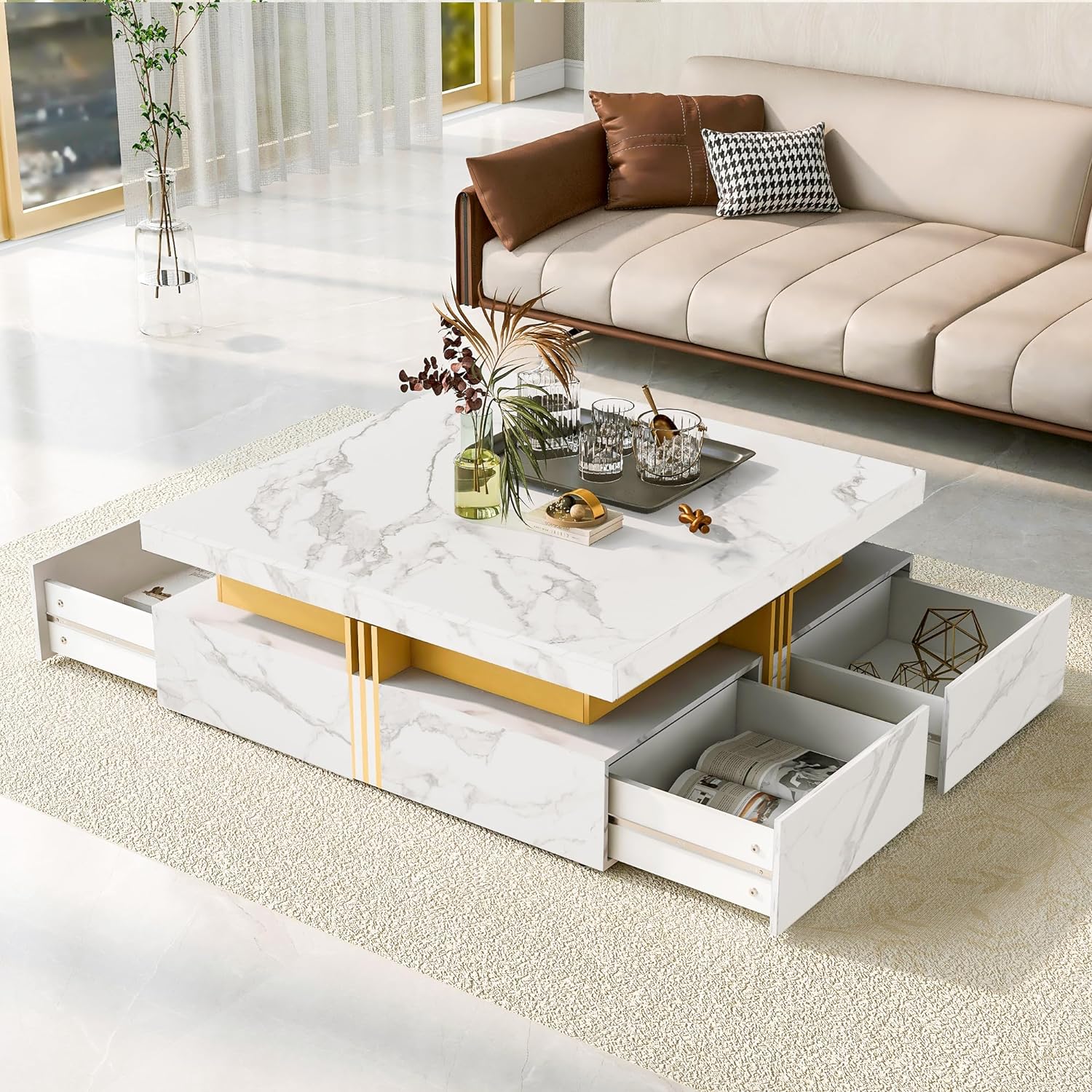 Amazon.com: LUMISOL White Marble Coffee Tables for Living Room, Square ...