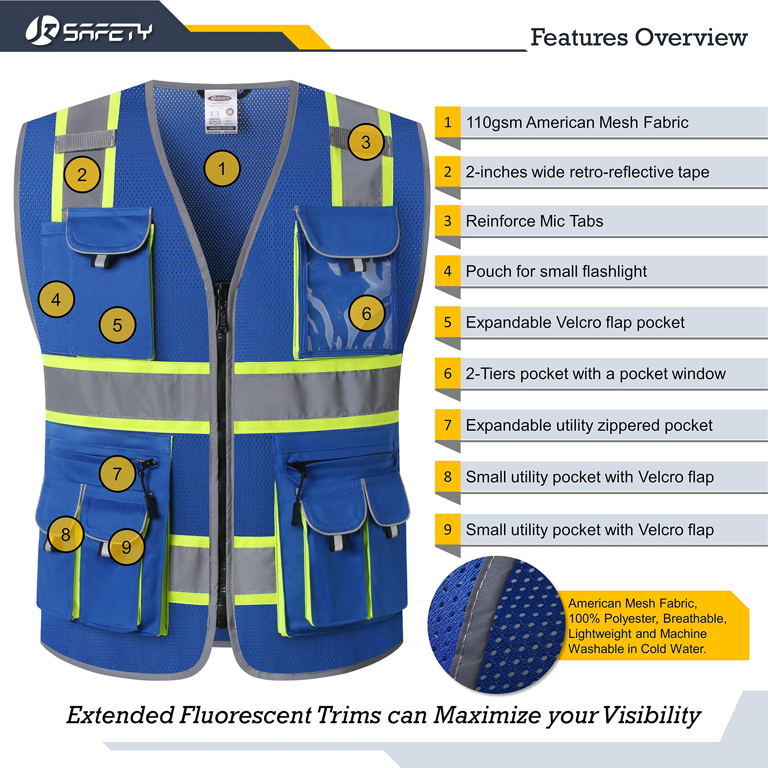 Snapklik.com : JKSafety 10 Pockets Hi-Vis Neon Color Frontal Zipper ...