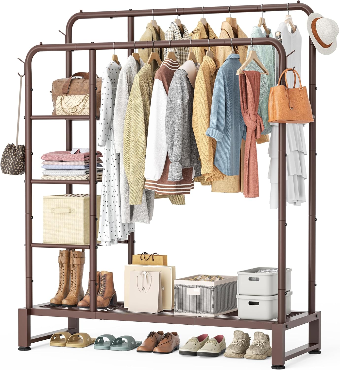 Amazon.com: Double Rods Clothes Rack Clothing Rack with 4 Tier Storage ...