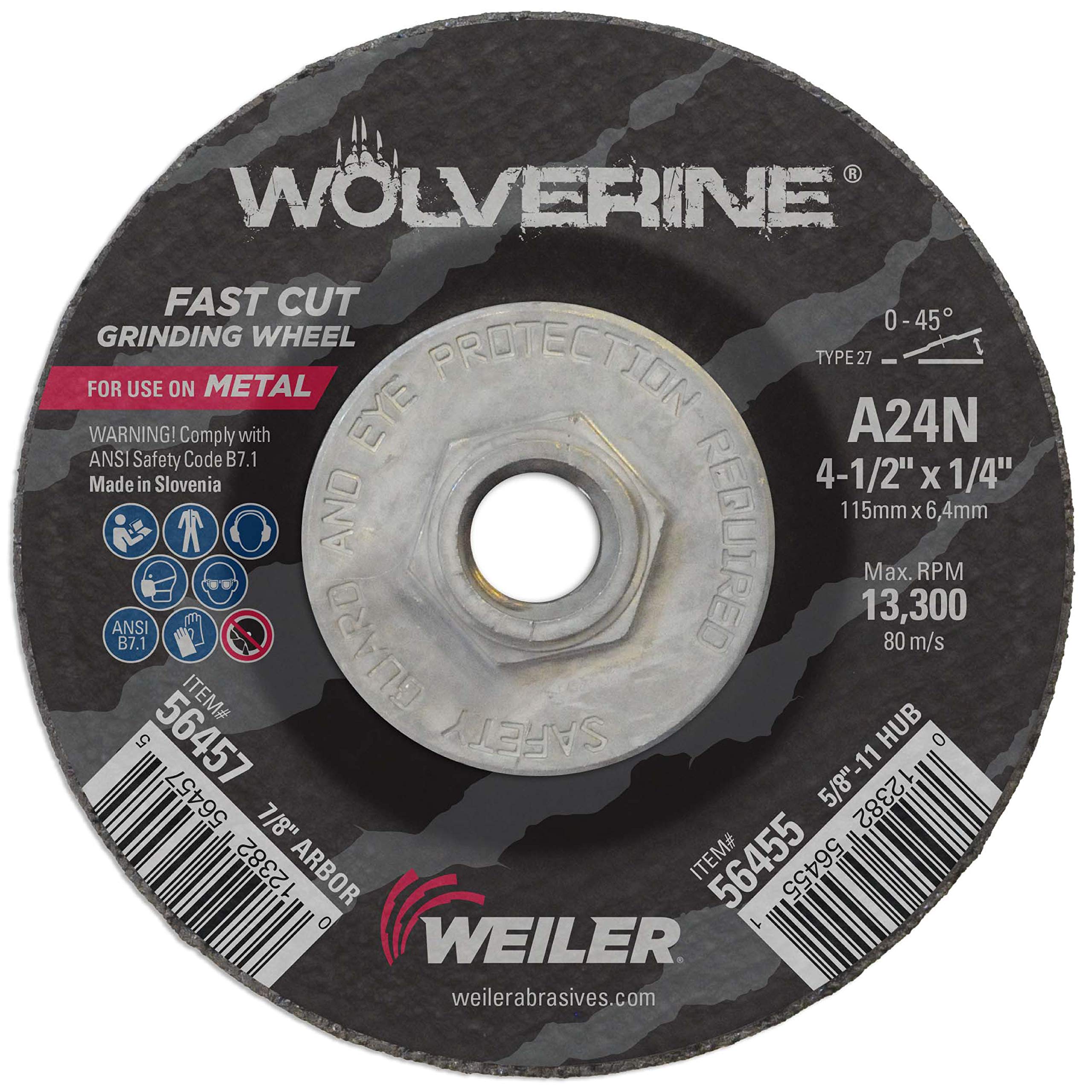 Weiler 56455 4-1/2" X 1/4" Wolverine Type 27 Grinding Wheel, A24N, 5/8 ...