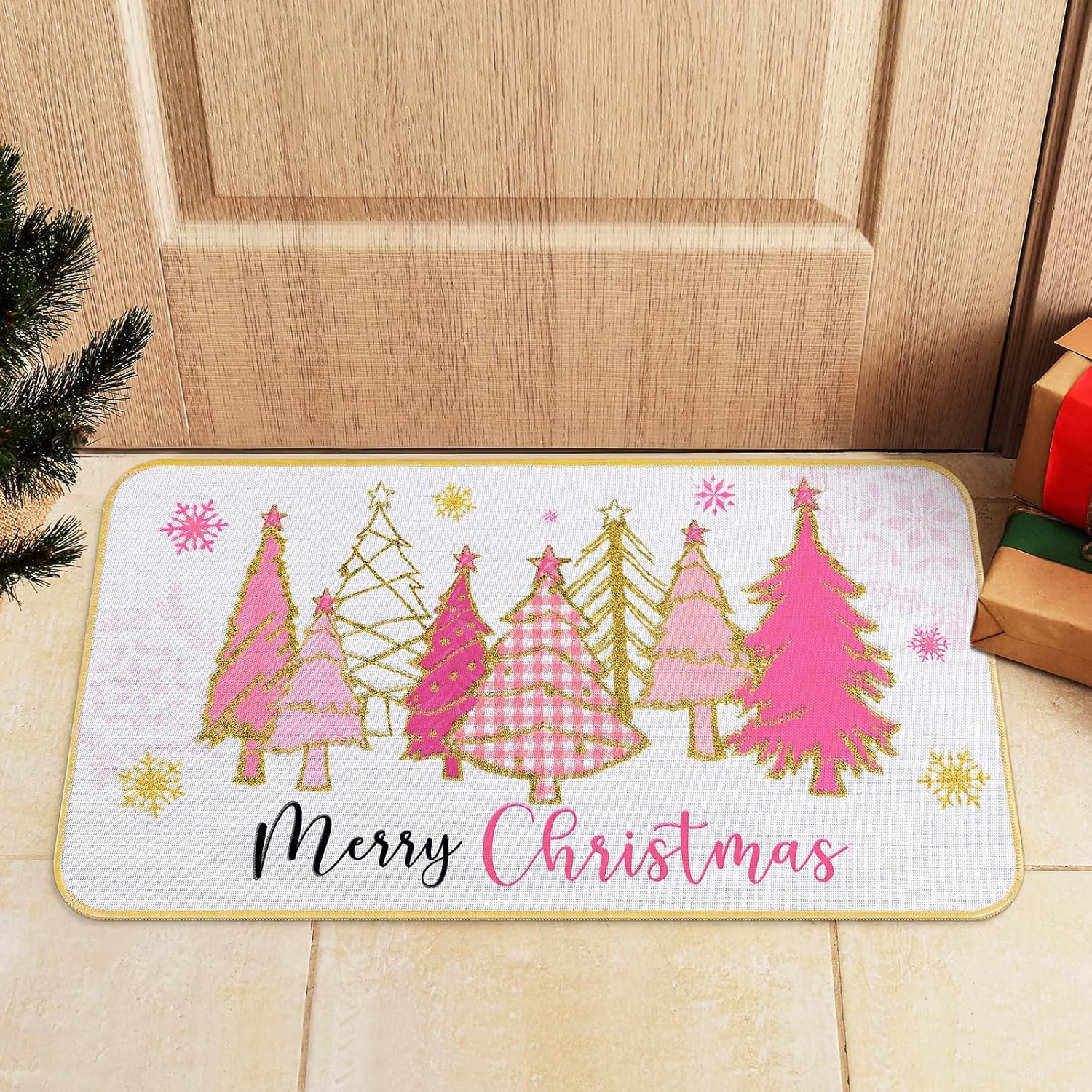 Amazon.com: Timgle Pink Christmas Tree Door Mat Non Slip Merry ...