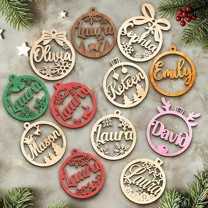 Amazon.com: Personalized Christmas Ornaments with Names, Wooden Custom ...