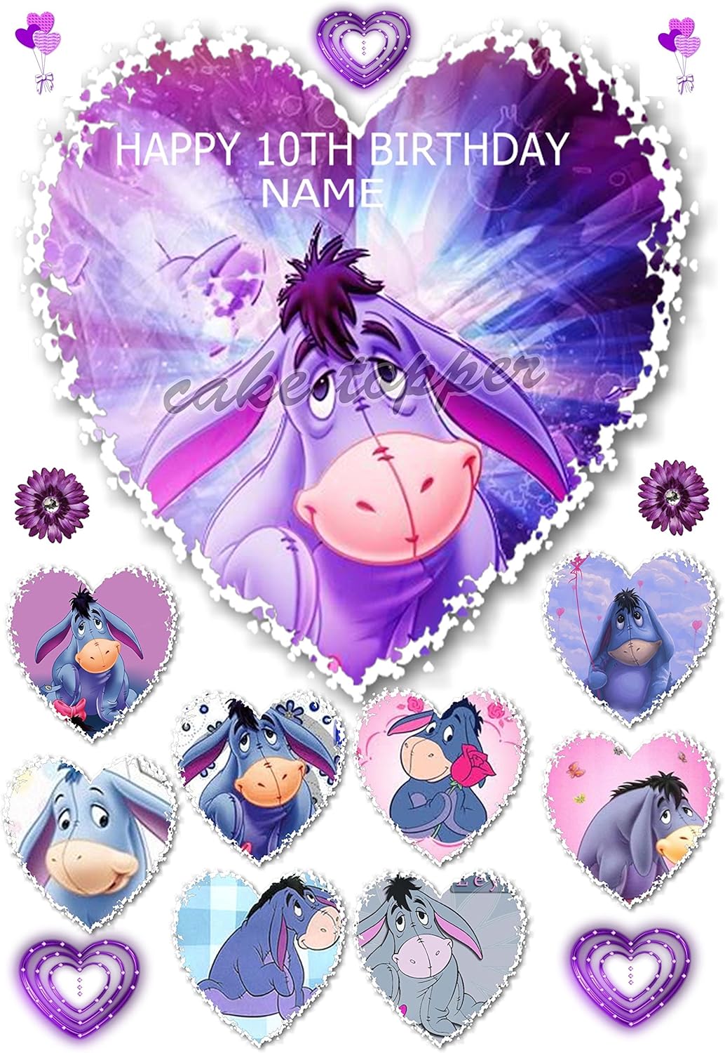 EEYORE 7.5" HEART RICE / WAFER PAPER CAKE TOPPER PERSONALIZE WITH NAME ...