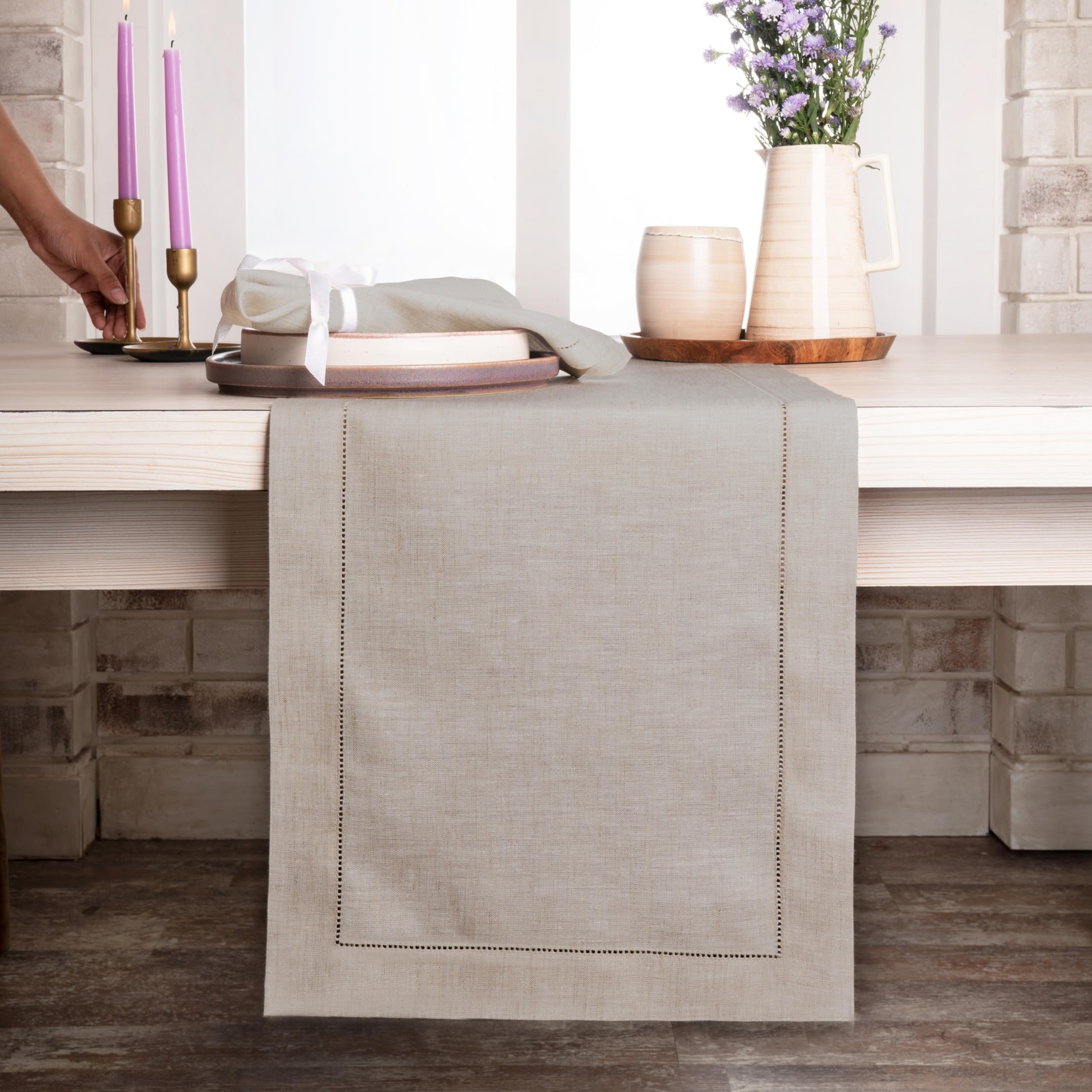 D'Moksha Homes Light Natural Linen Table Runner 108 inch Long – 100% ...