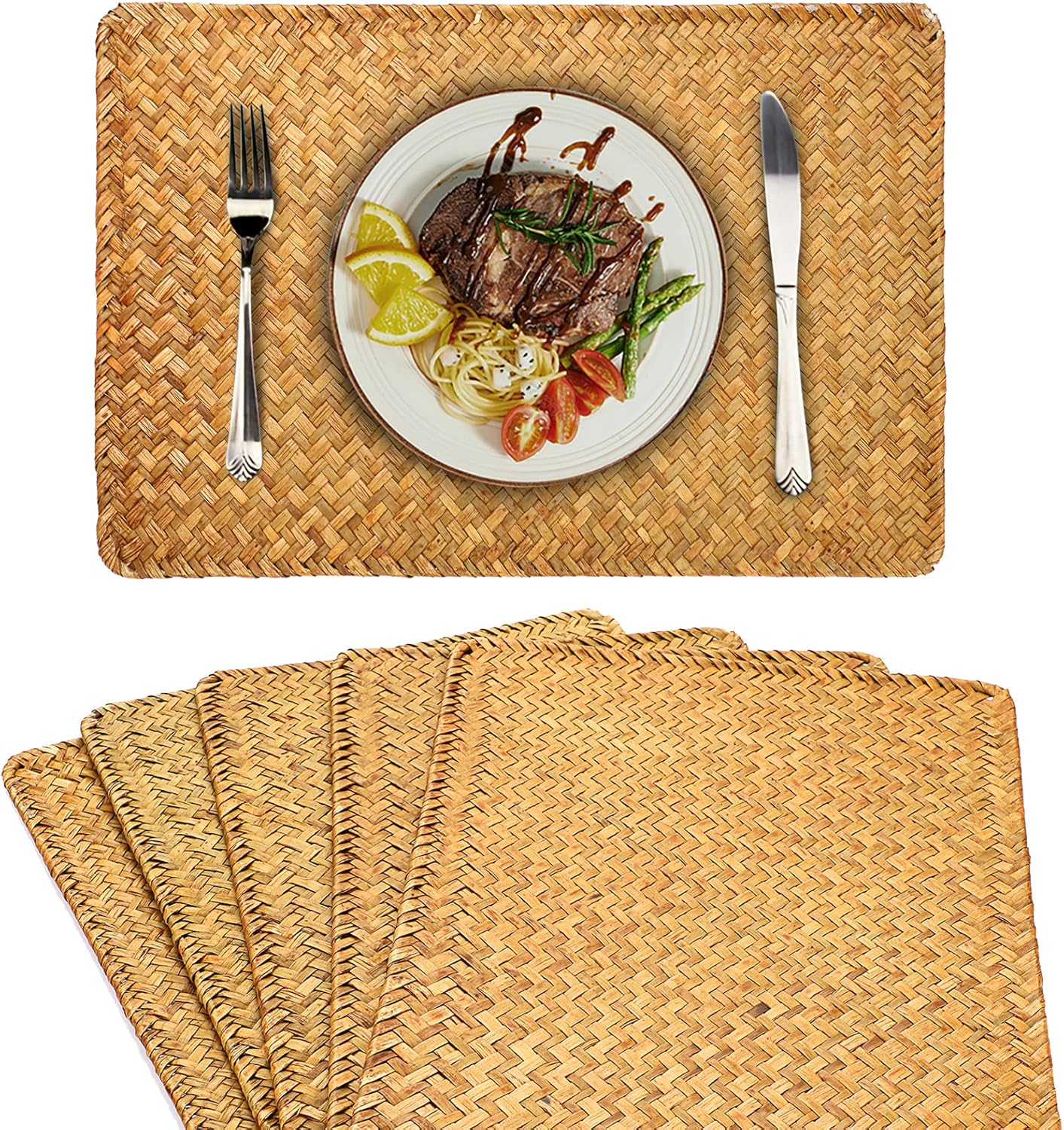 Amazon.com: OwnMy Pack of 6 Natural Seagrass Placemats Woven Rattan ...