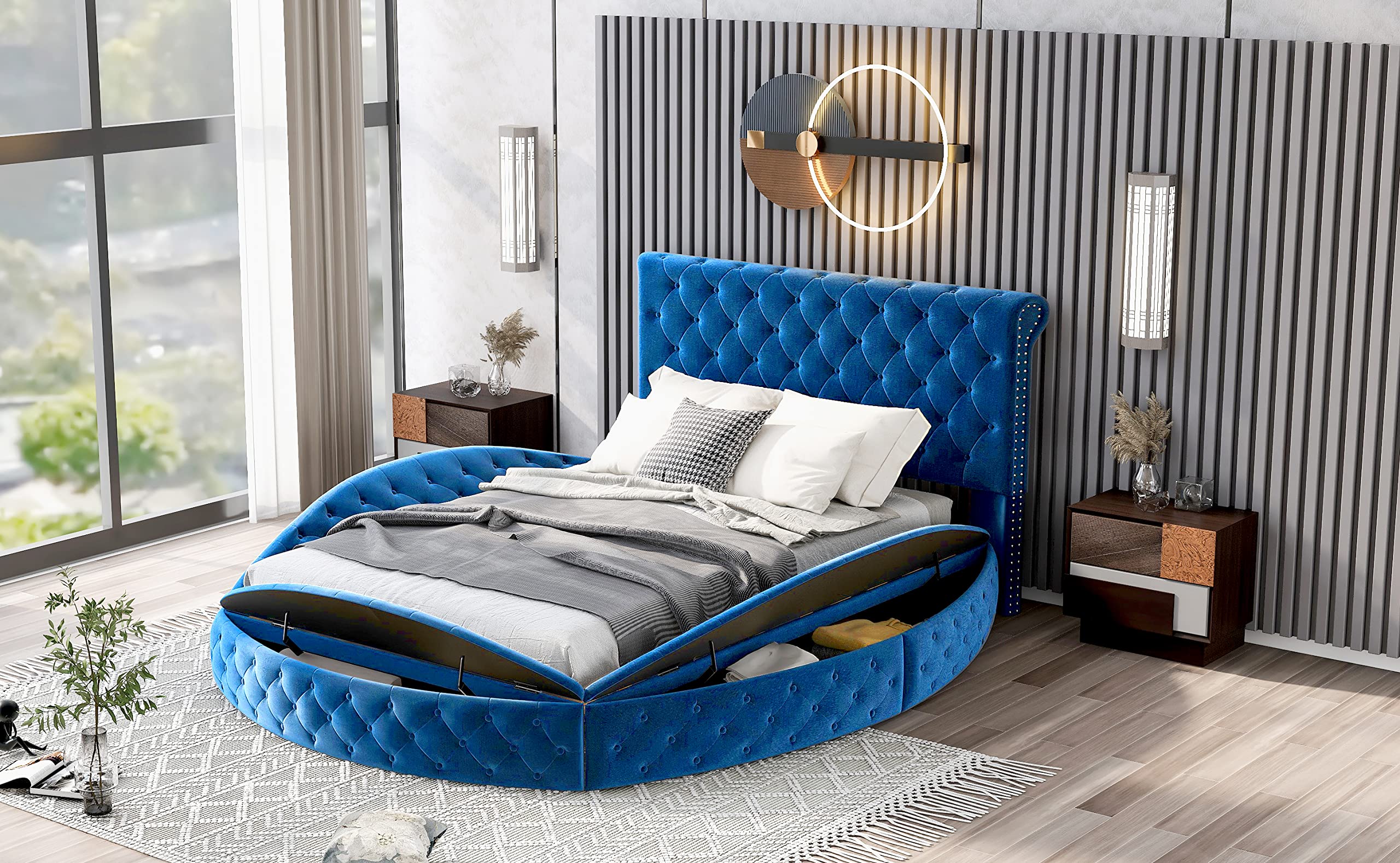 Full Size Round Shape Upholstery Low Profile Storage Platform Bed with ...