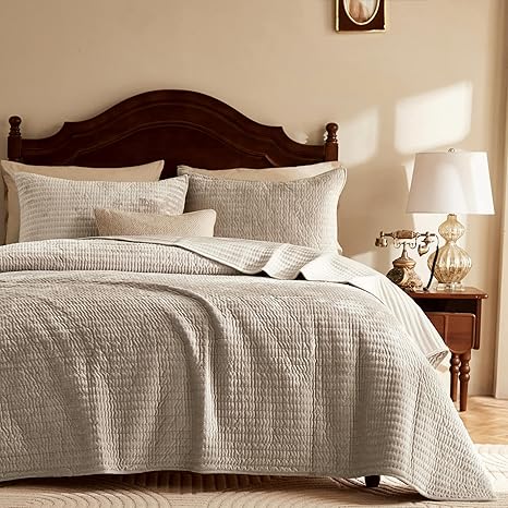 Amazon.com: WDCOZY Velvet Queen Size Quilt Set - Beige Striped Pick ...