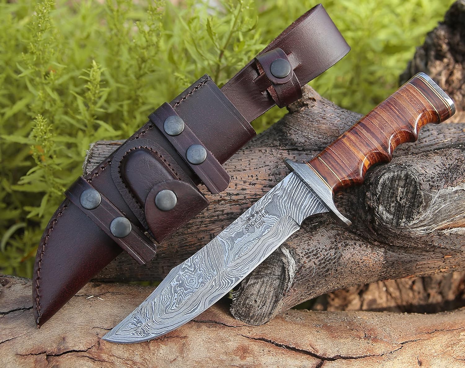 Cuchillo de caza de Damasco, cuchillo Bowie con mango de cuero apilado ...