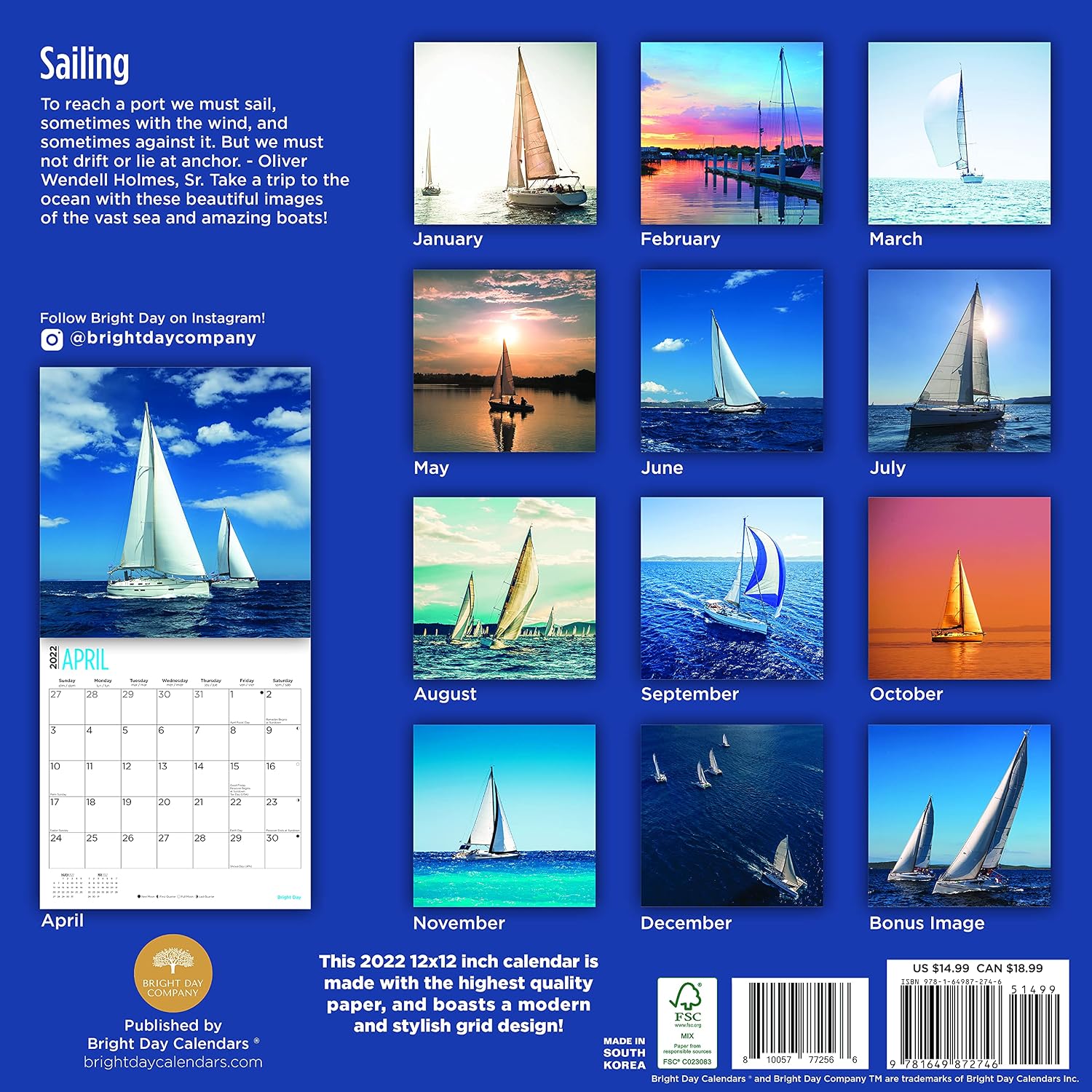 2022 Sailing Wall Calendar by Bright Day, 12 x 12 Inch, Boat Water ...