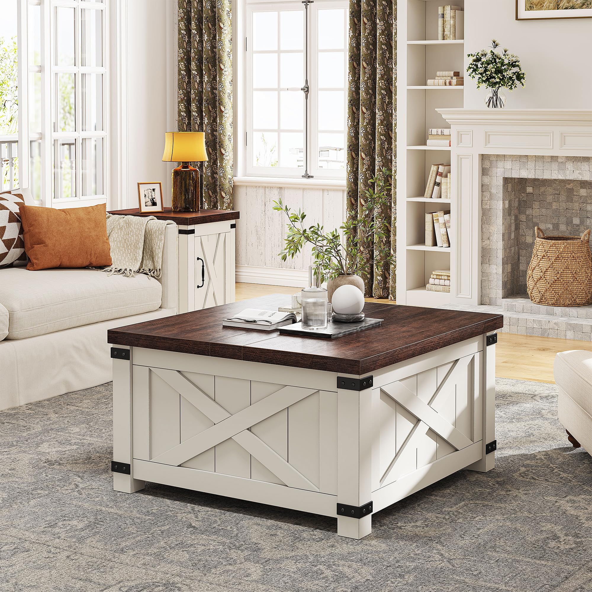 EnHomee Farmhouse Coffee Table with Storage, 35.7" W Large Square Table ...