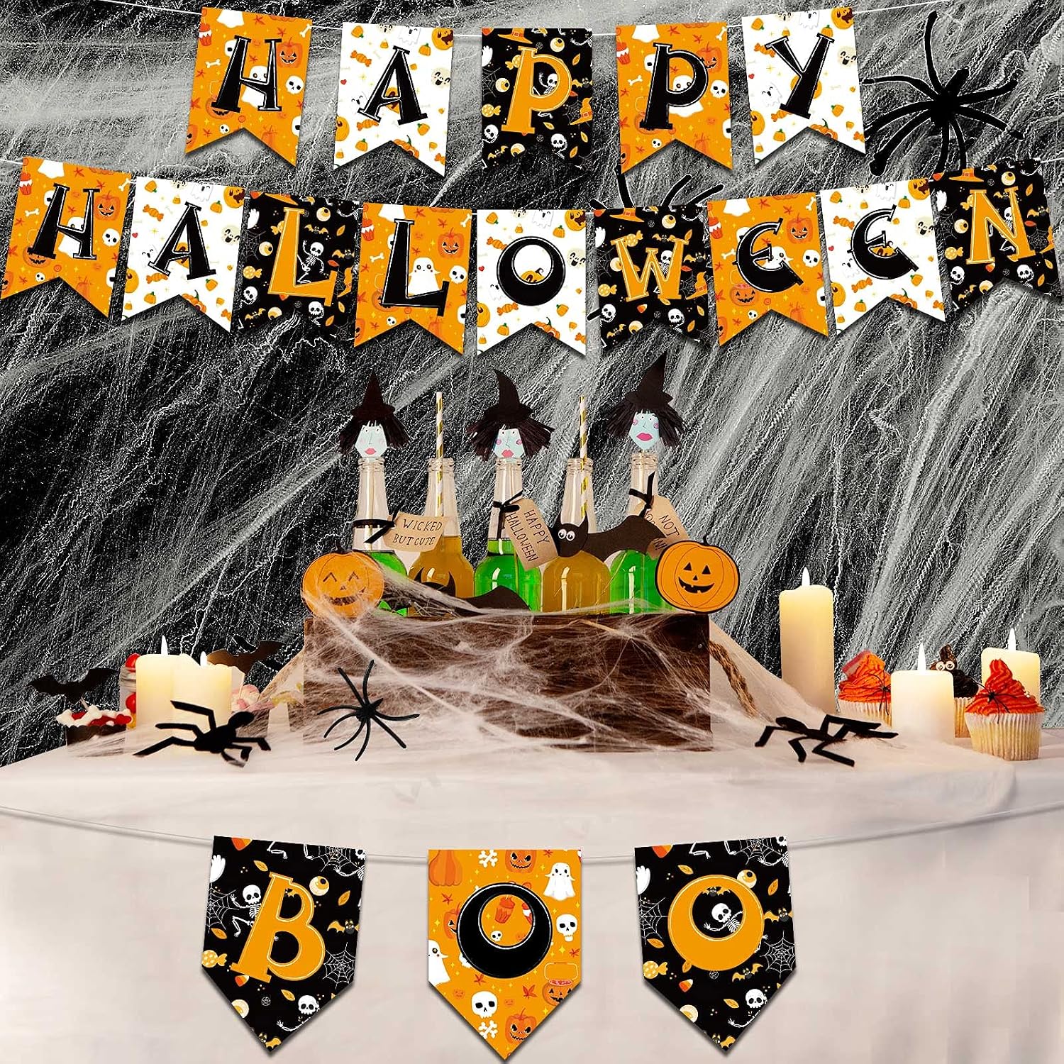 3 Piece Happy Halloween Banner Boo Banner Halloween Spider Webs Decor ...