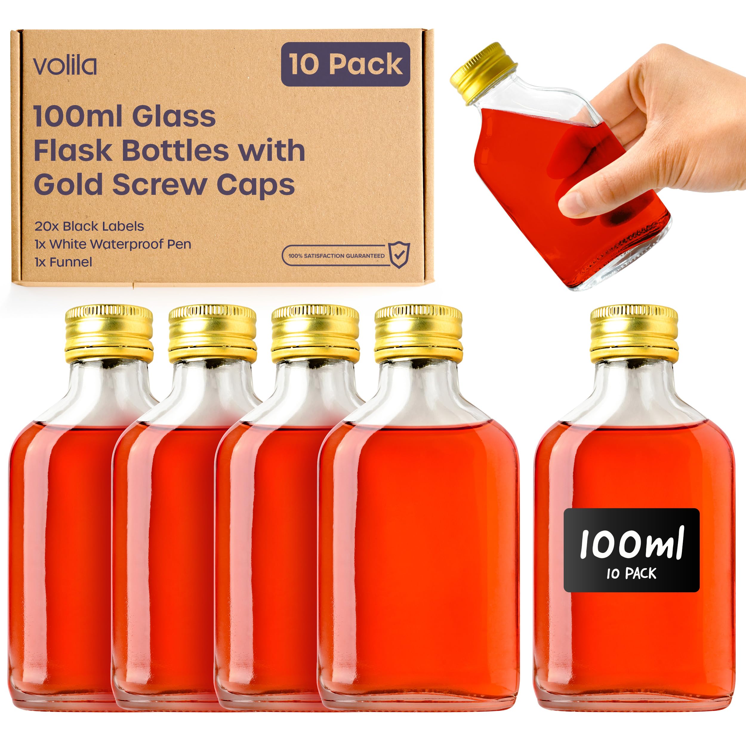 volila Glass Flask Bottles 100ml - 10 Pack Glass Bottles with Gold ...