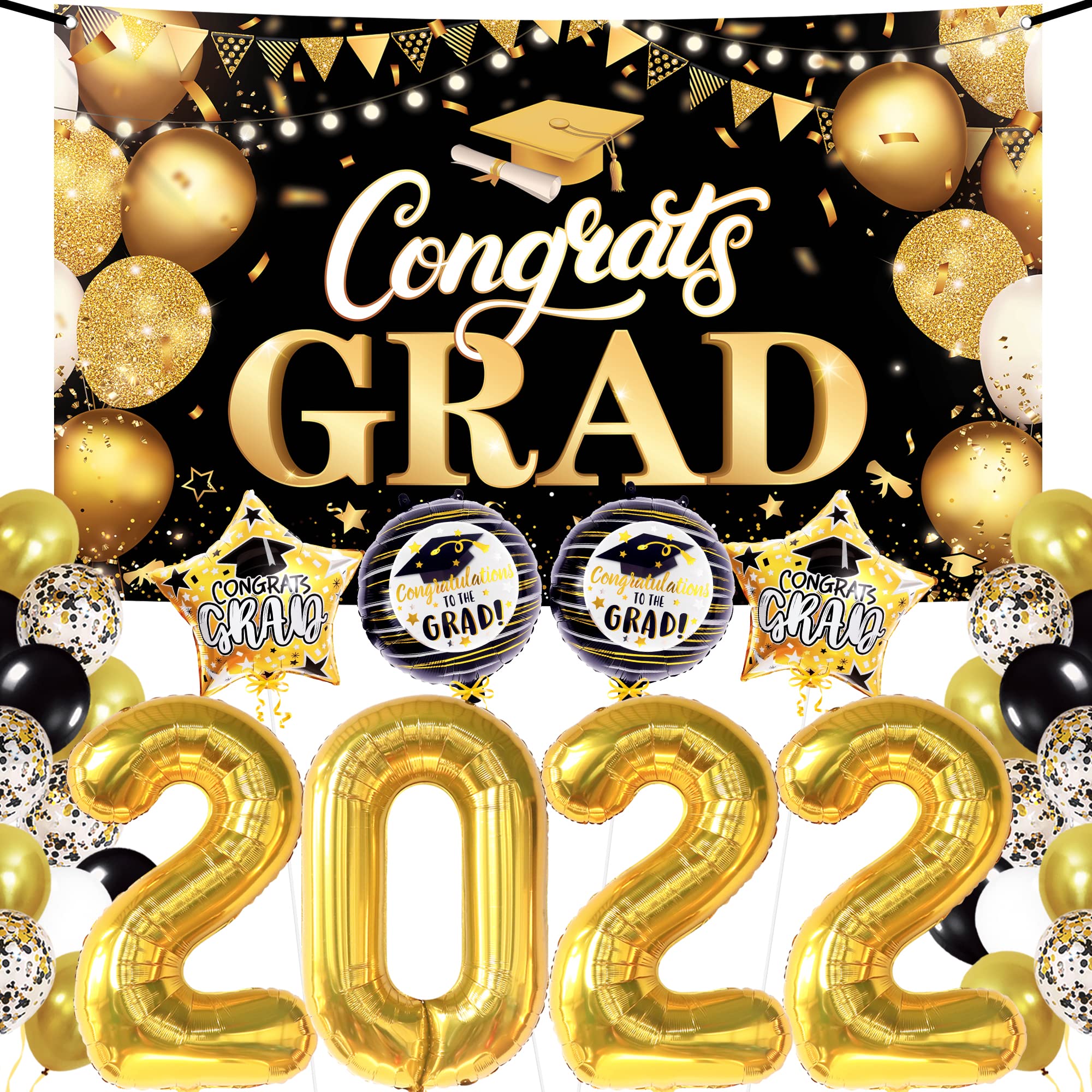 Gold 2022 Balloons And Graduation Banner Pack Of 42 Congrats ...