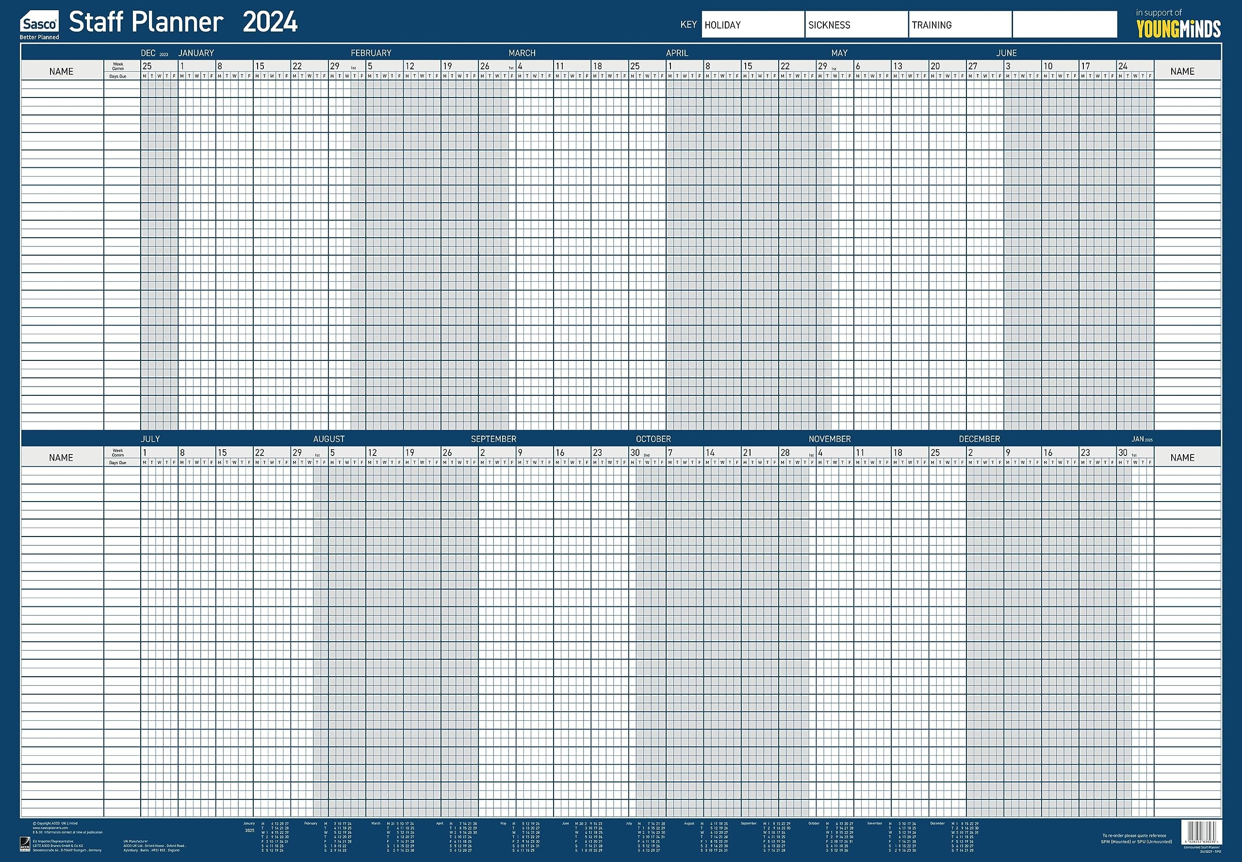 Sasco 2024 Staff Daily Planner, Yearly Wall Planner Set, Dry Erase ...
