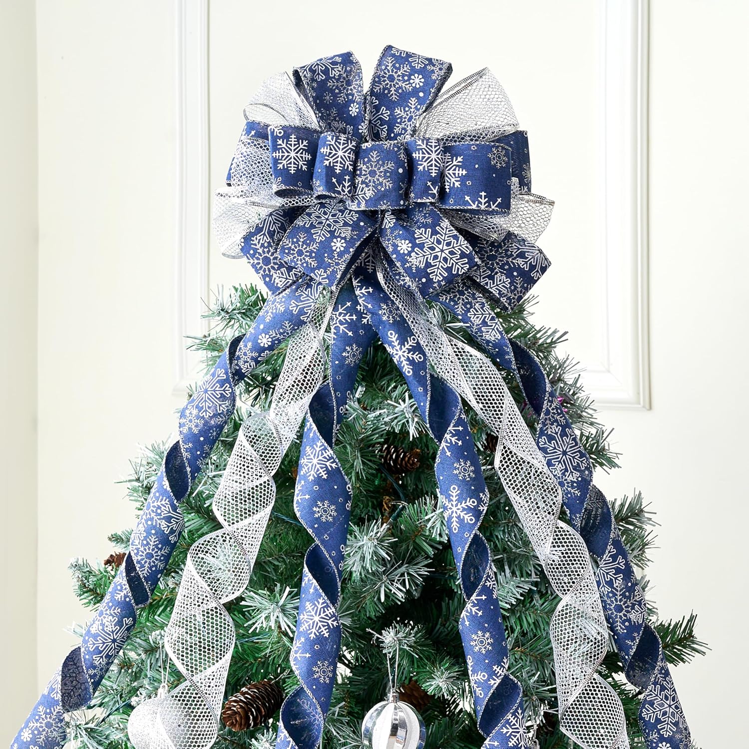 JOIEDOMI 45 Inch Christmas Tree Topper Bow, Blue and Silver Ribbon Bow ...