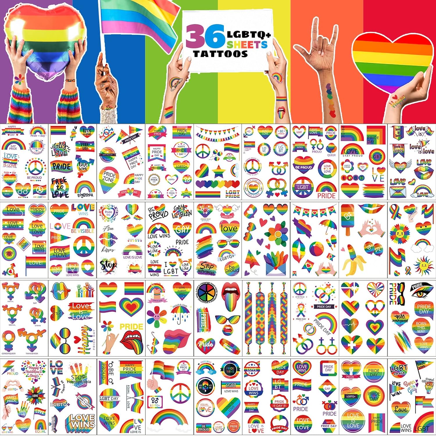 Amazon.com : COKOHAPPY 36 Sheets Pride Day Tattoo Rainbow Temporary ...