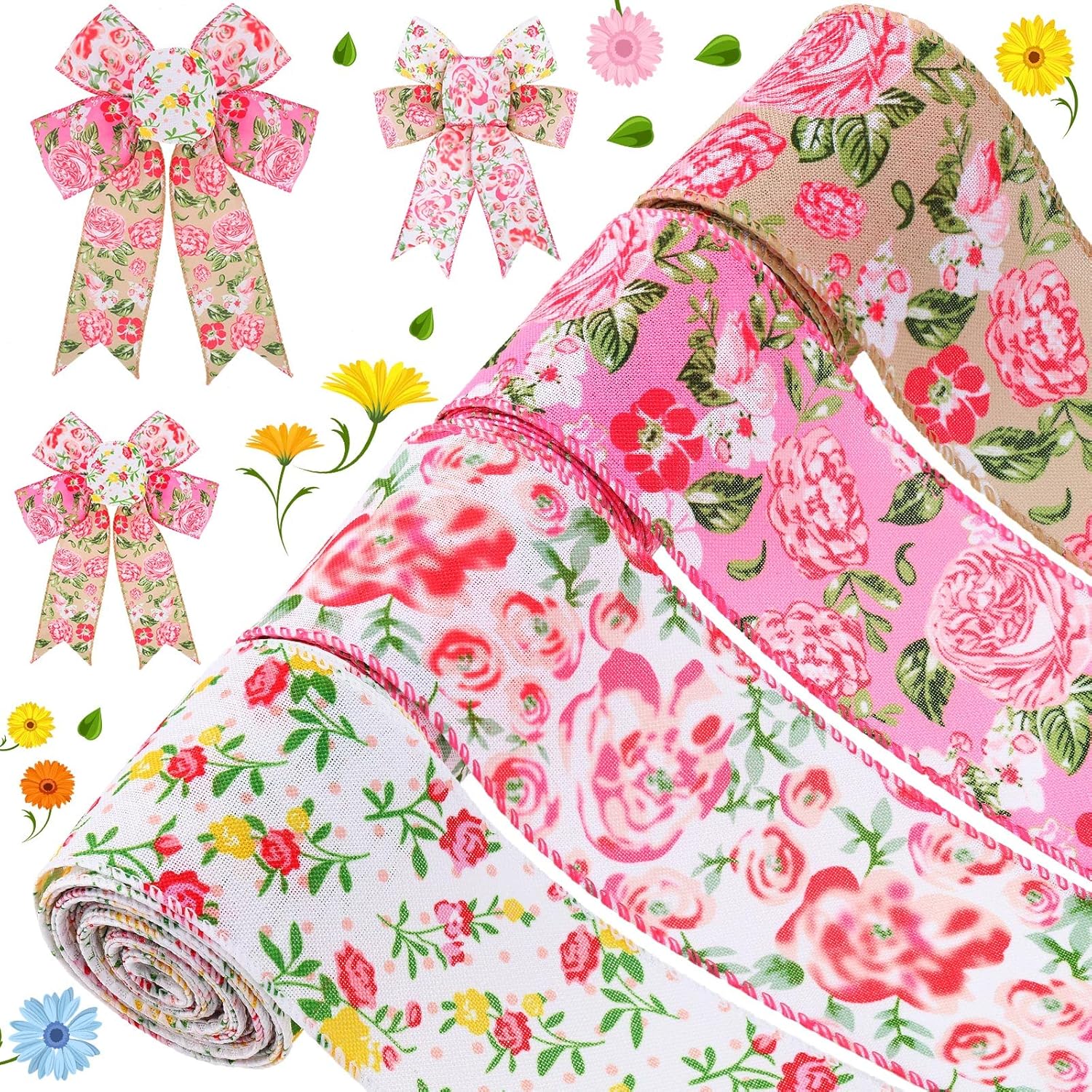 Amazon.com: Floral Ribbon 4 Rolls Wired Edge Spring Summer Craft Wired ...