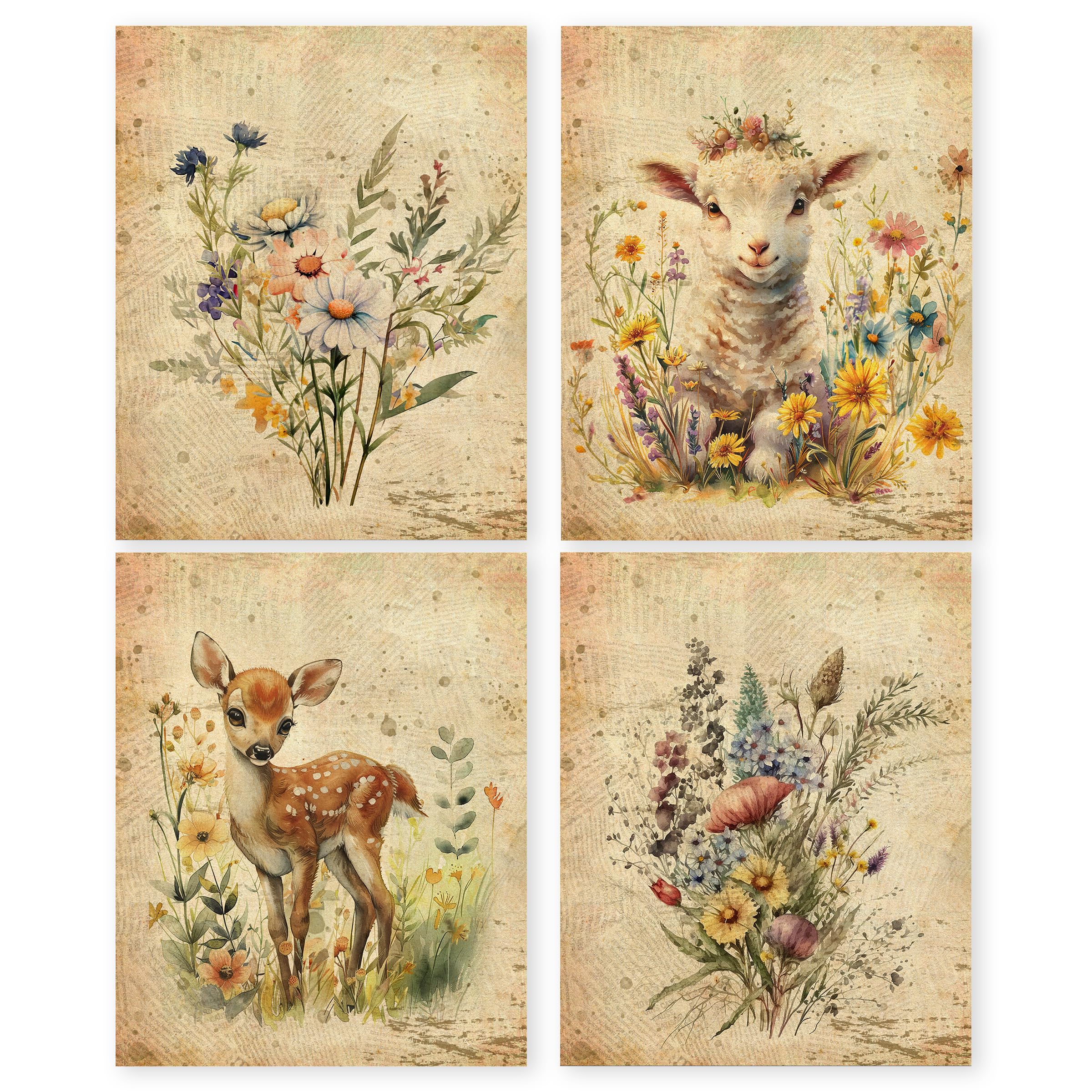 Amazon.com: HRQKO Vintage Wildflower Animal Wall Art Poster Prints Set ...