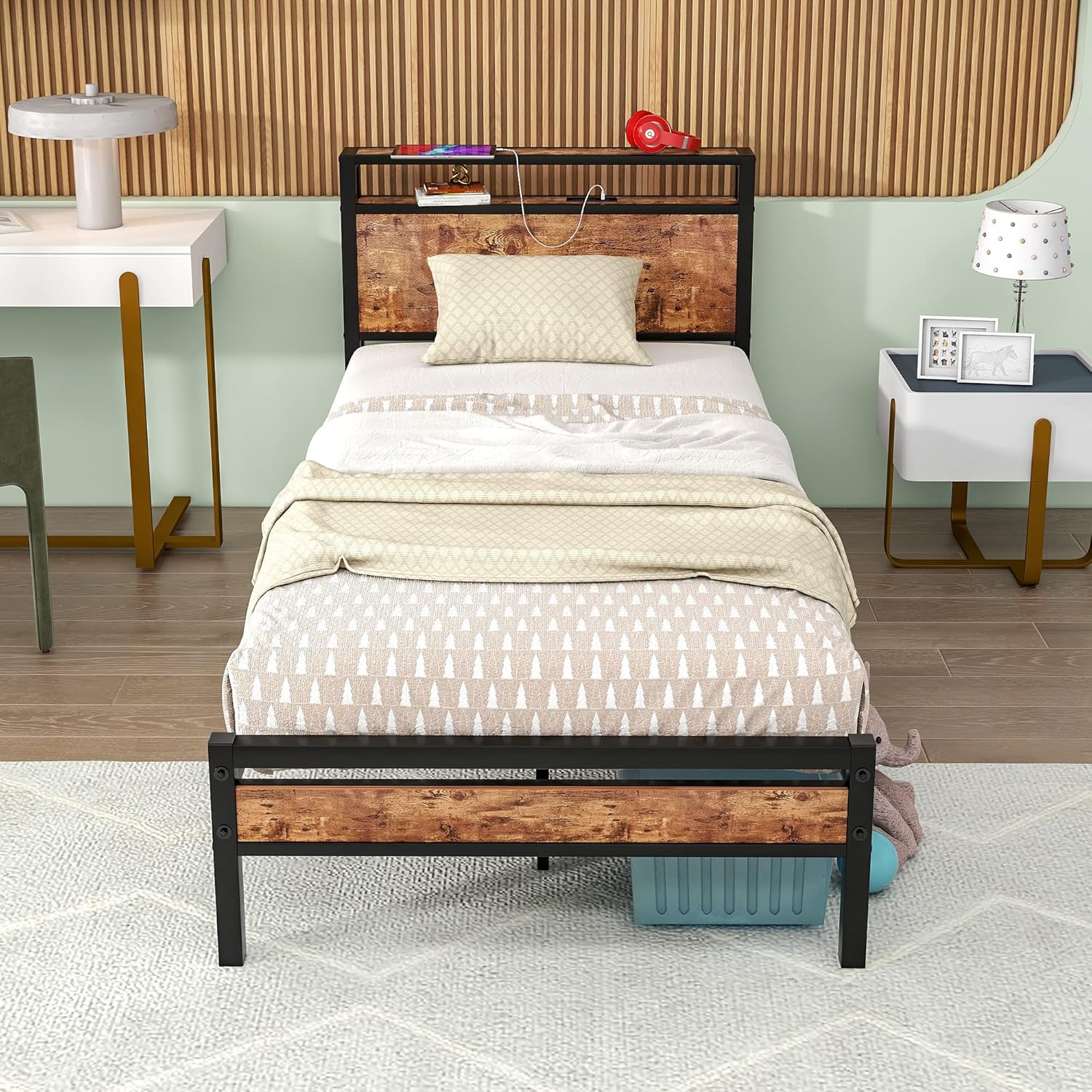 Amazon.com: HOJINLINERO Twin Bed Frame with Storage Headboard/USB ...