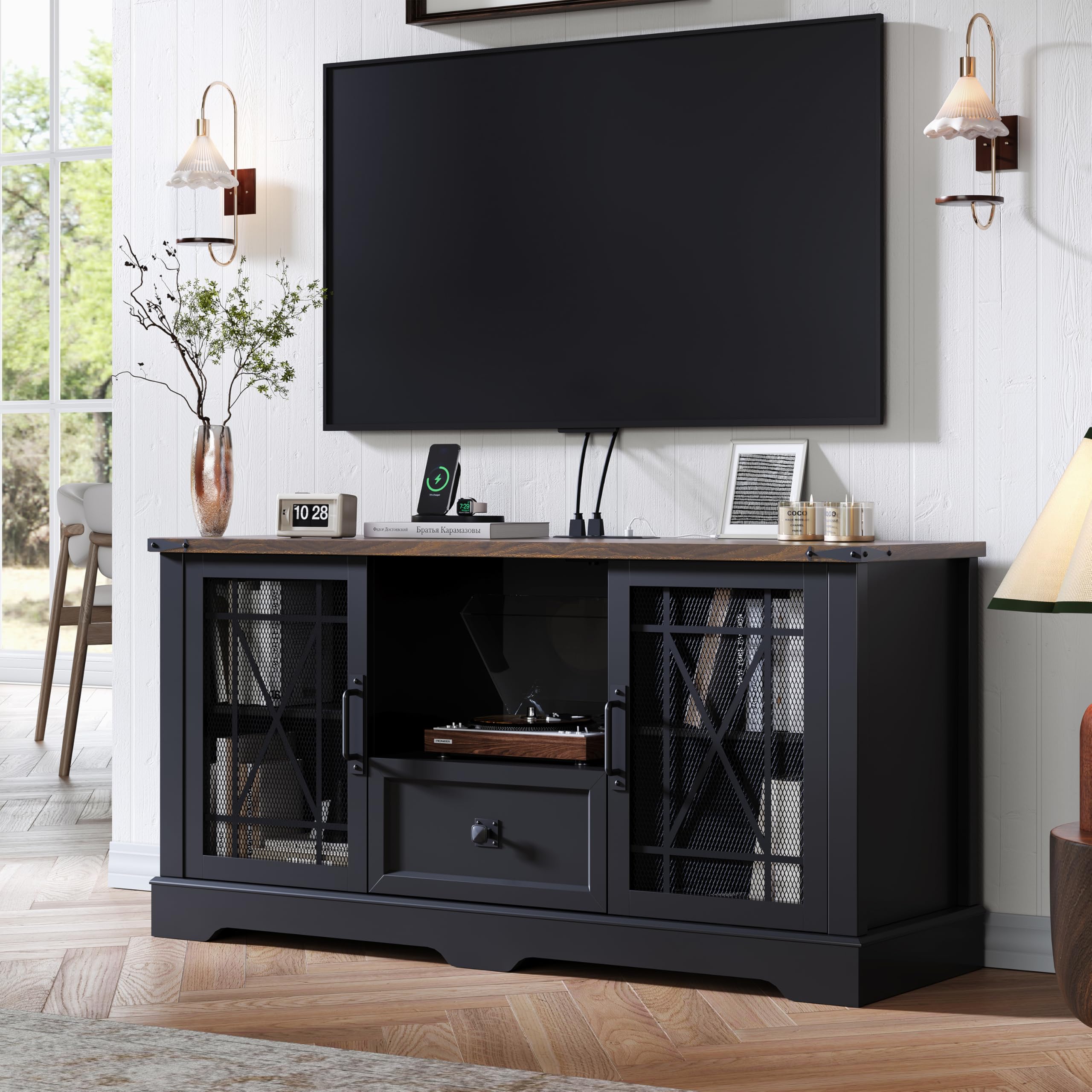 Amazon.com: Entertainment Center Black TV Stand with Charging Station ...