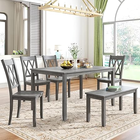 Amazon.com - Merax 6-Piece Wooden Dining Table Set with Cross Back 4 ...