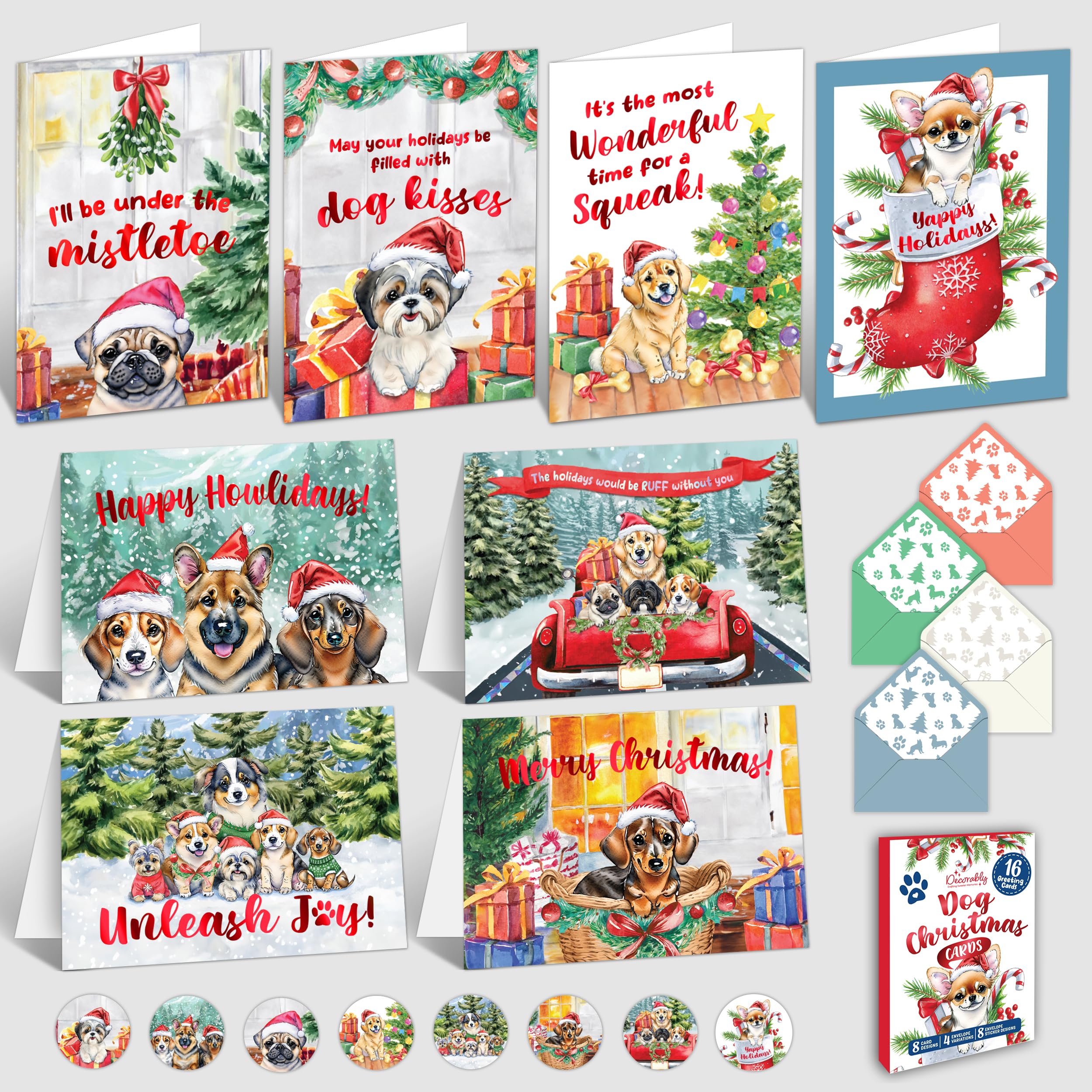 Amazon.com : Decorably 16 Pack Foiled Dog Christmas Cards with ...