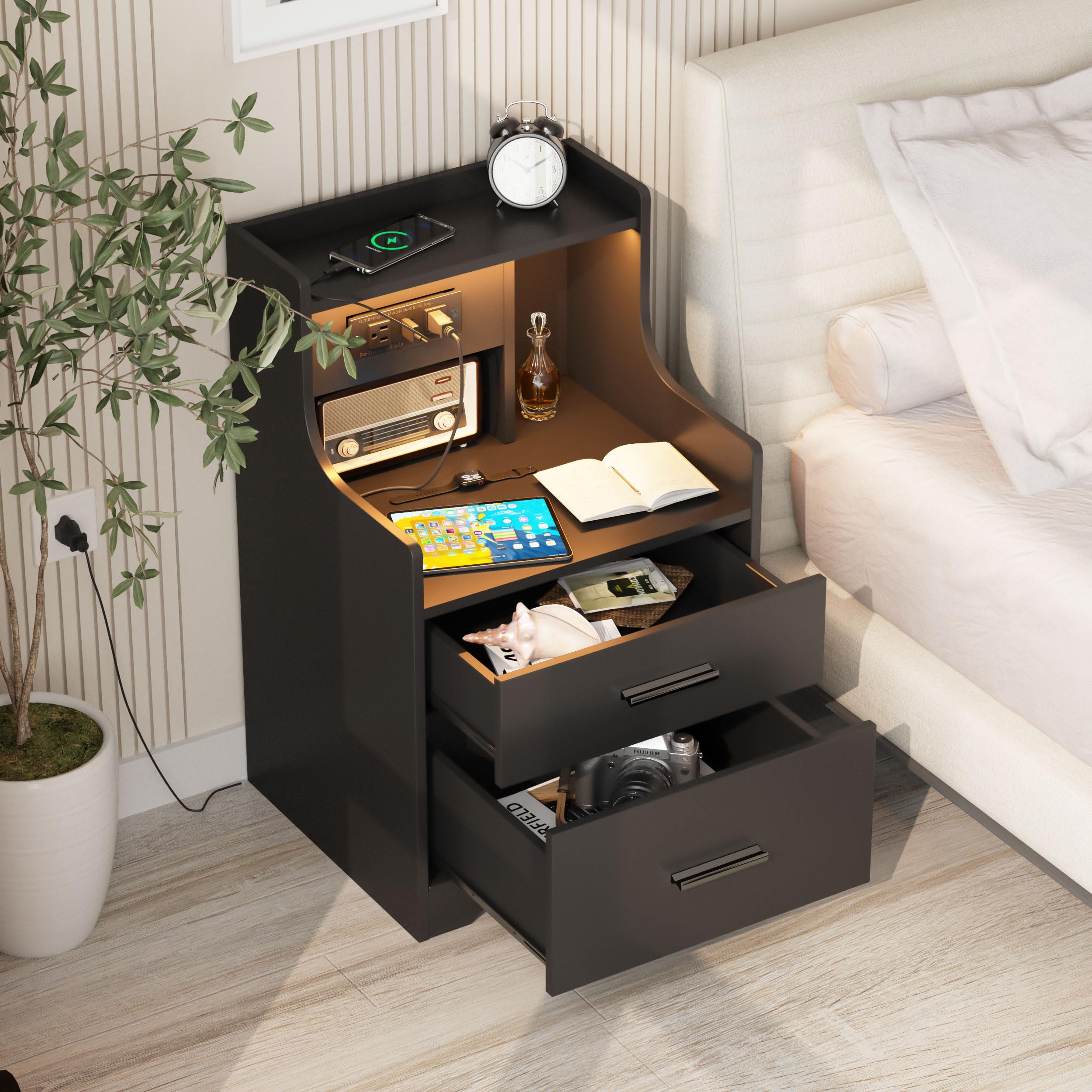 Nightstand with Charging Station & LED Lights, Black Nightstand with 2 ...