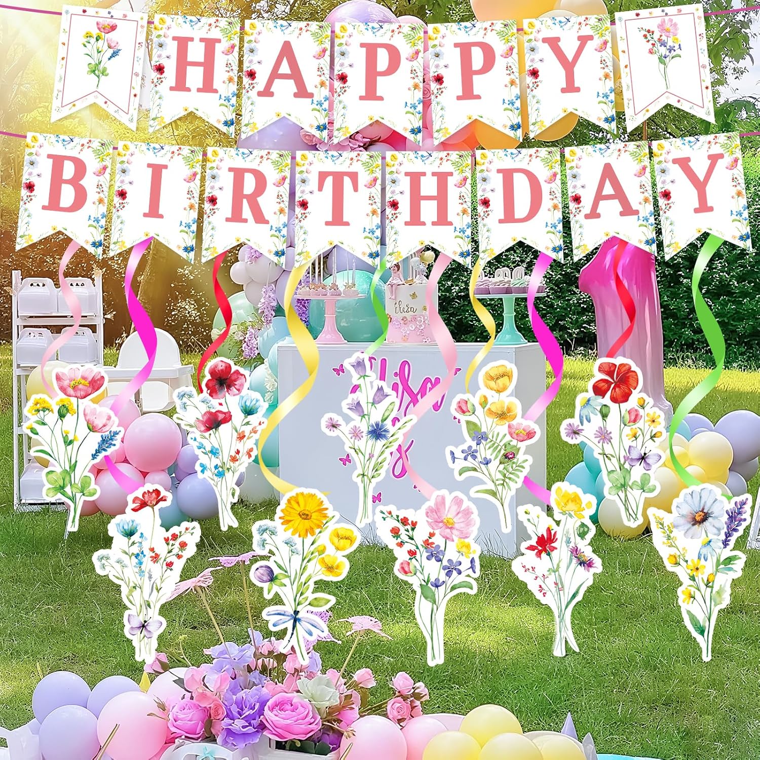 Amazon.com: Flower Birthday Decorations Happy Birthday Banners Set ...