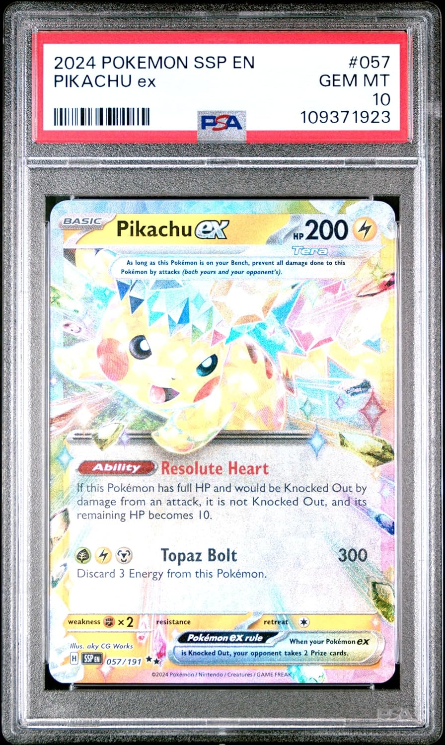Amazon.com: Graded 2024 PKM SSP EN Pikachu ex #057 Surging Sparks Trading Card Game PSA 10 Gem ...