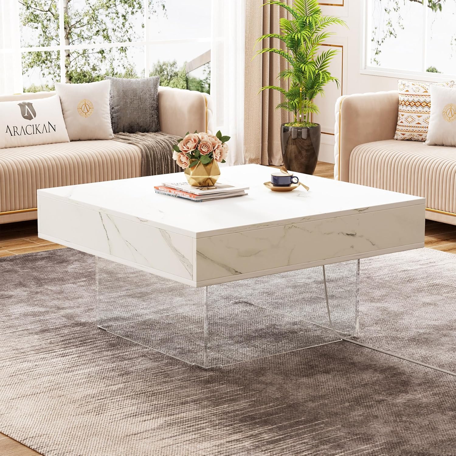 Amazon.com: Tribesigns Square LED Coffee Table: Faux Marble White ...