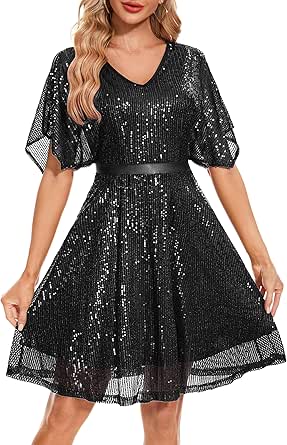 Amazon.com: Wedtrend Women's Sparkly Sequin Dress Bat Sleeves Cocktail ...