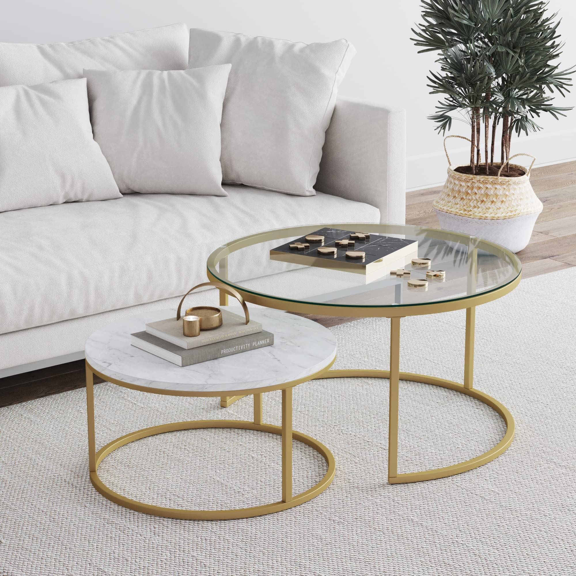 Amazon.com: HEONITURE Gold Nesting Coffee Table Set of 2, Small Glass ...