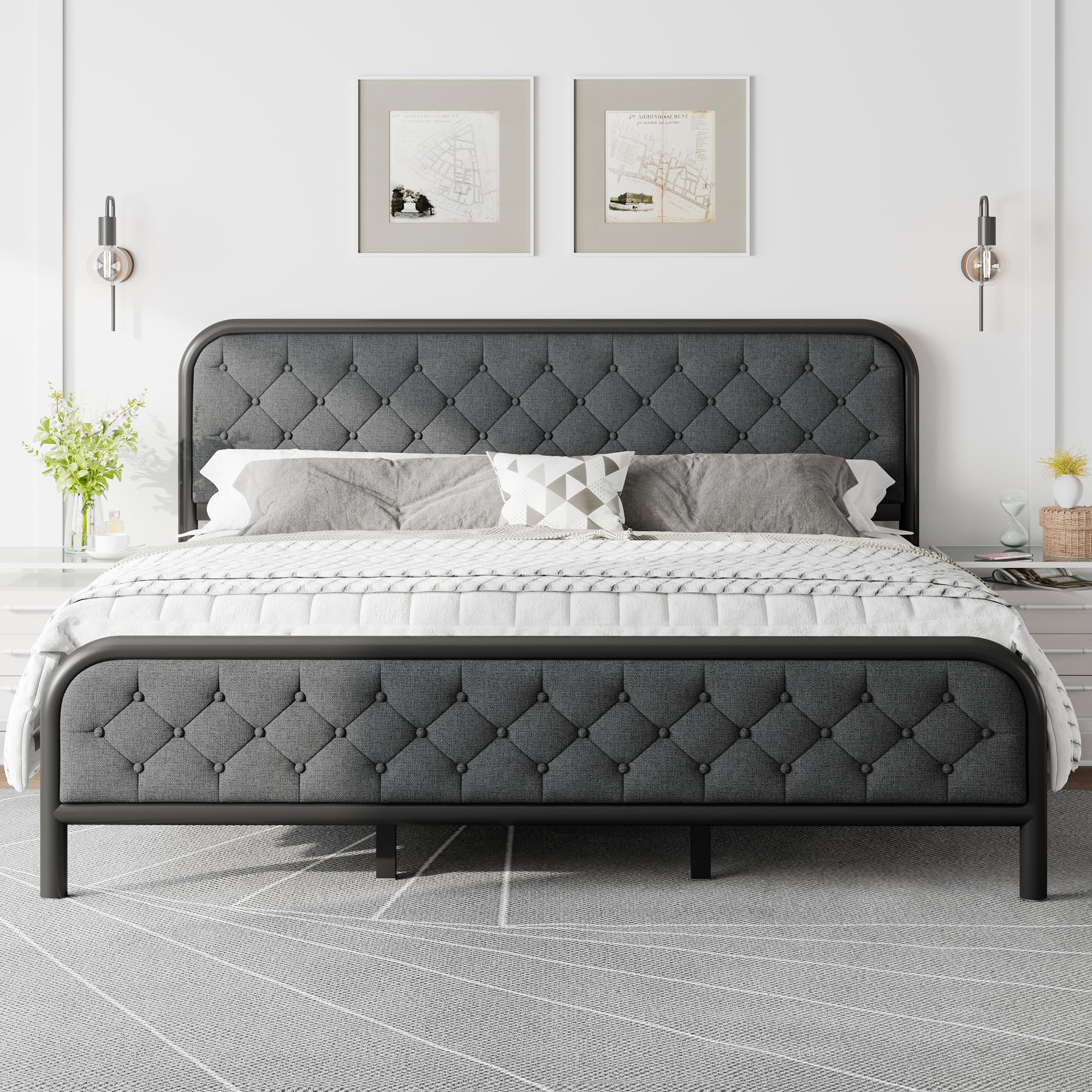 Amazon.com: Feonase King Size Bed Frame, Upholstered Metal Bed Frame ...