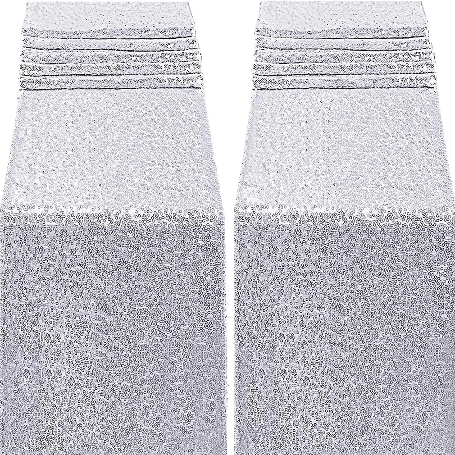 FECEDY 2 Packs 12 x 108inch Glitter Silver Sequin Table Runner for ...