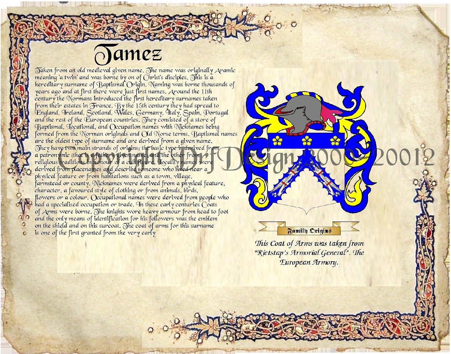 Amazon.com: Tamez Coat of Arms/ Family Crest on Fine Paper and Family ...
