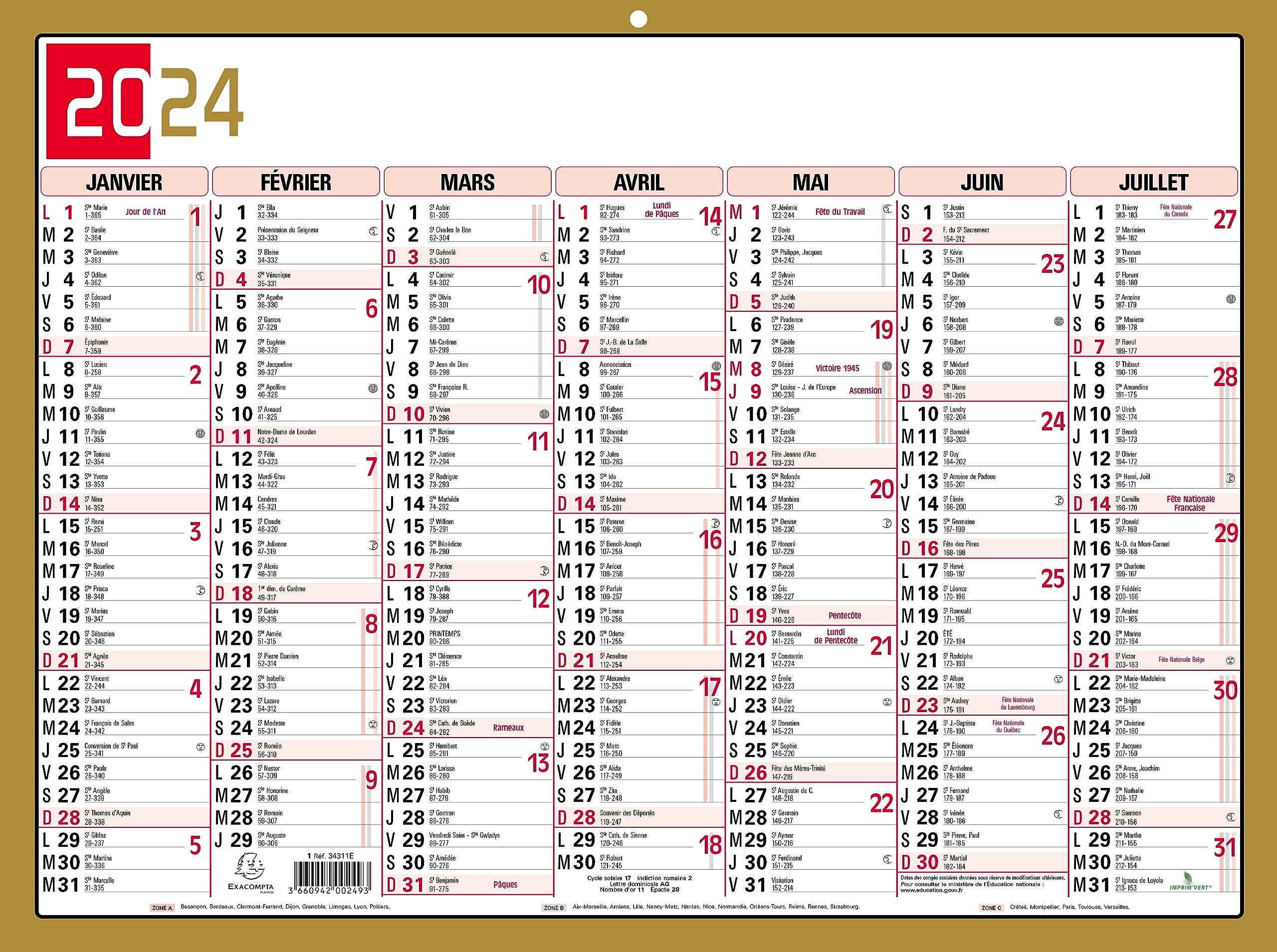 Calendrier mural de banque 2025 en carton rigide, Coloris : Bleu/Blanc ...