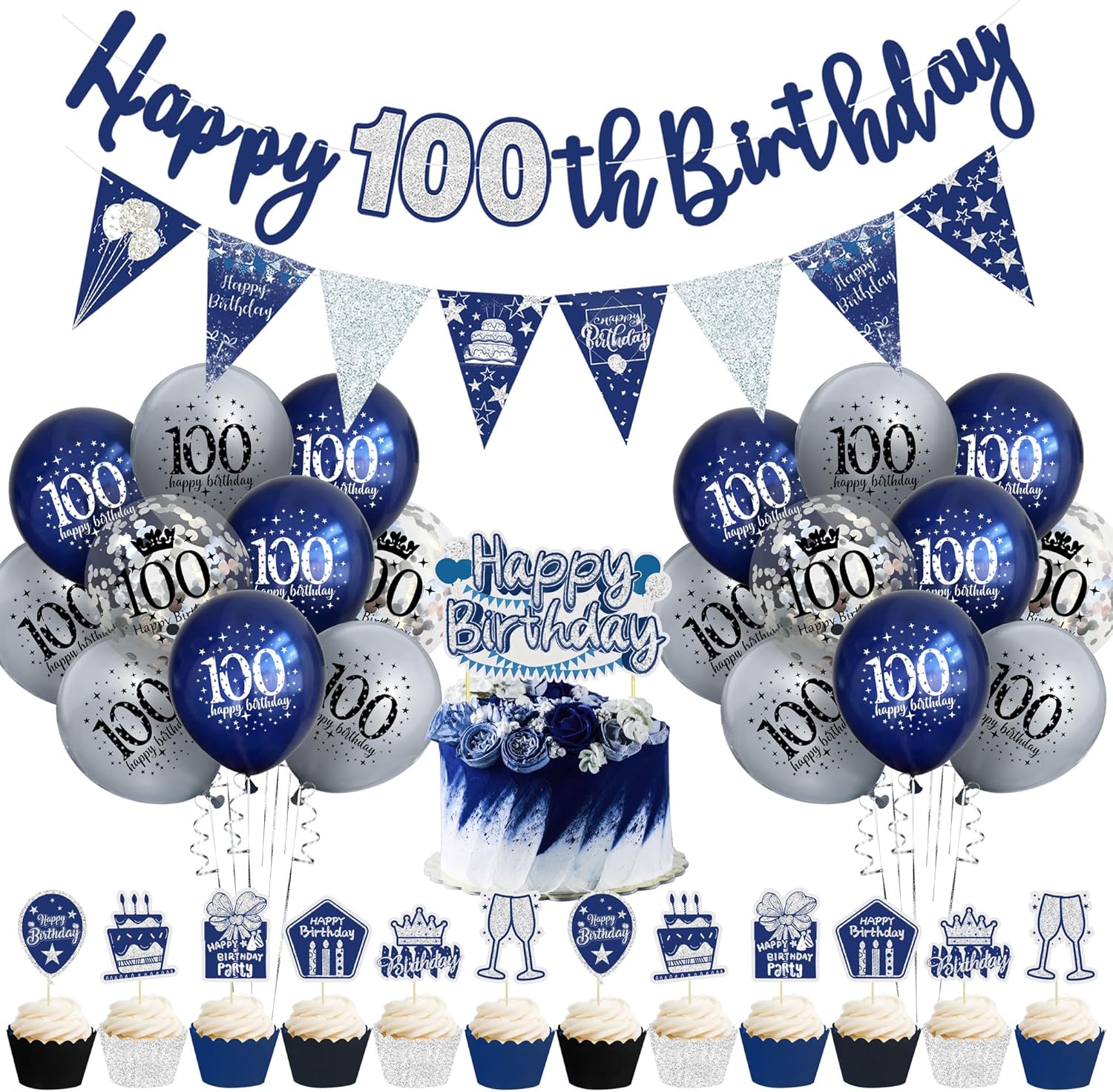 Amazon.com: Navy Blue 100th Birthday Party Decorations Silver Happy ...