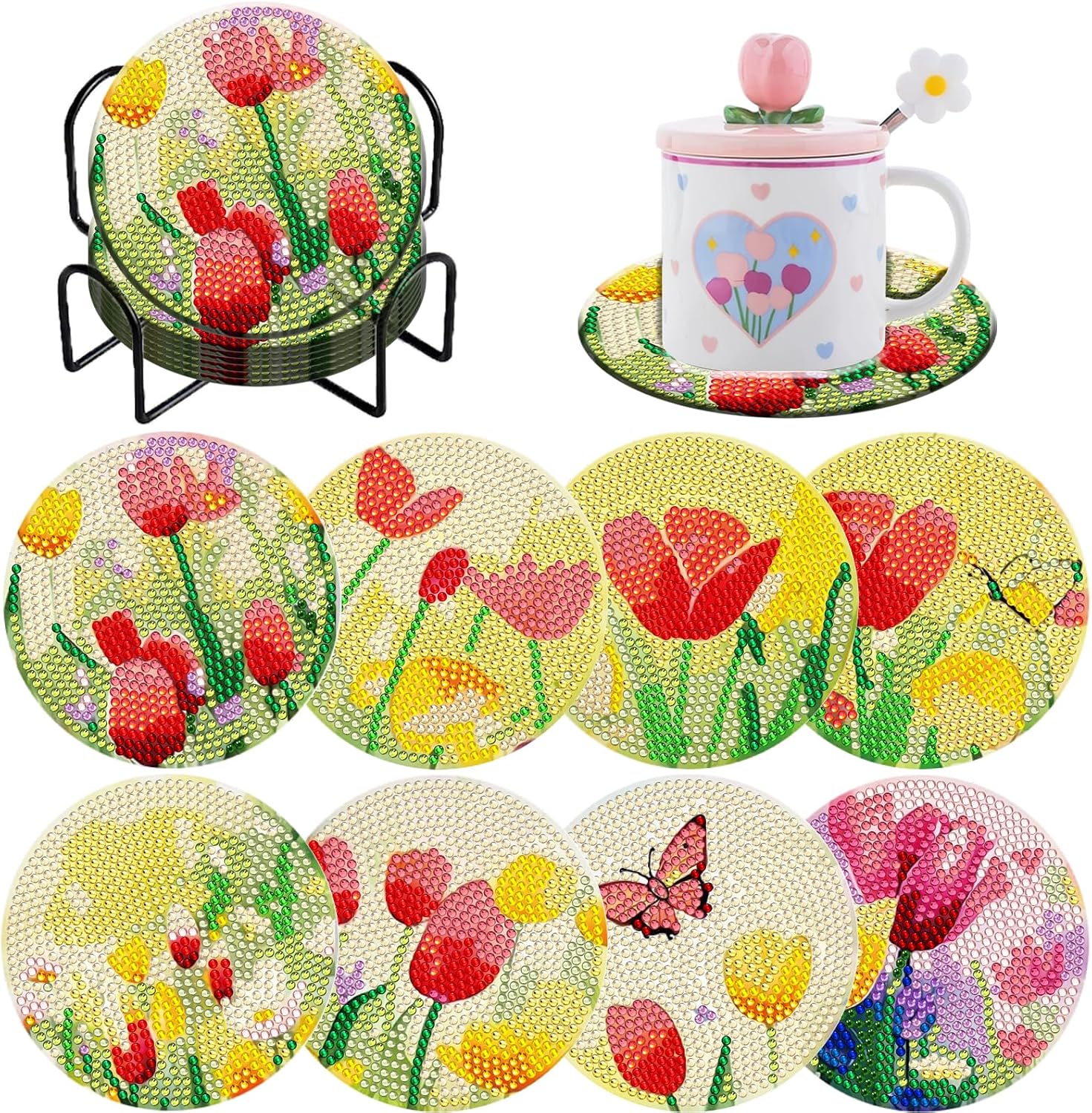 Amazon.com | Demonwer 8 Pieces Tulips Diamond Coasters Kits with Holder ...