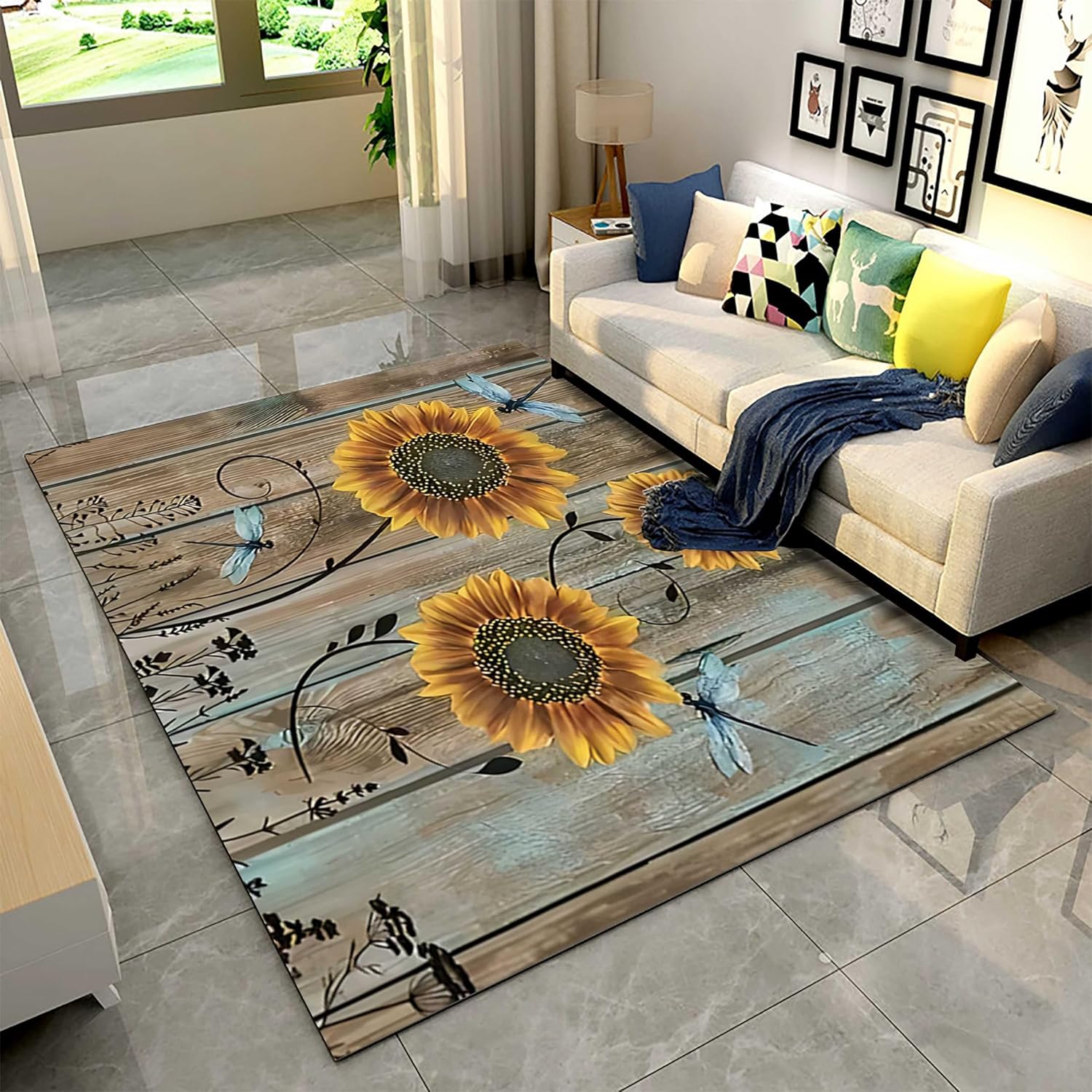 Amazon.com: LHOMKCV Sunflower Area Rug, 4x6ft, Dragonfly Sunflower on ...