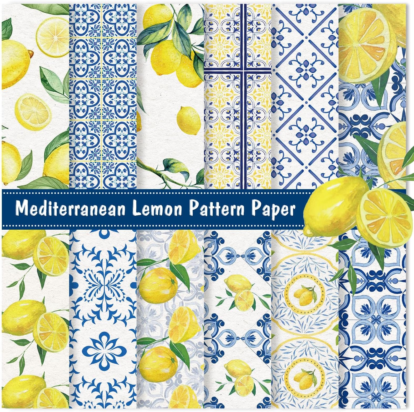 Amazon.com : JarThenaAMCS 24 Sheets Mediterranean Lemon Pattern Paper Blue Floral Scrapbook ...
