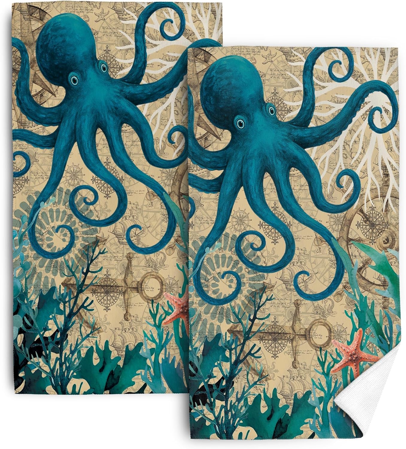 Amazon.com: Oblivix Teal Nautical Kitchen Towels,Vintage Turquoise ...