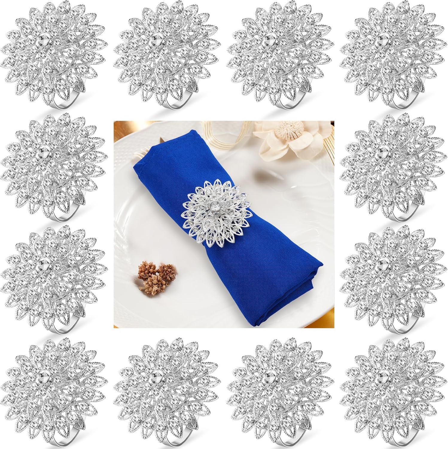 Amazon.com: Geiserailie Flower Napkin Rings Alloy Floral Rhinestone ...