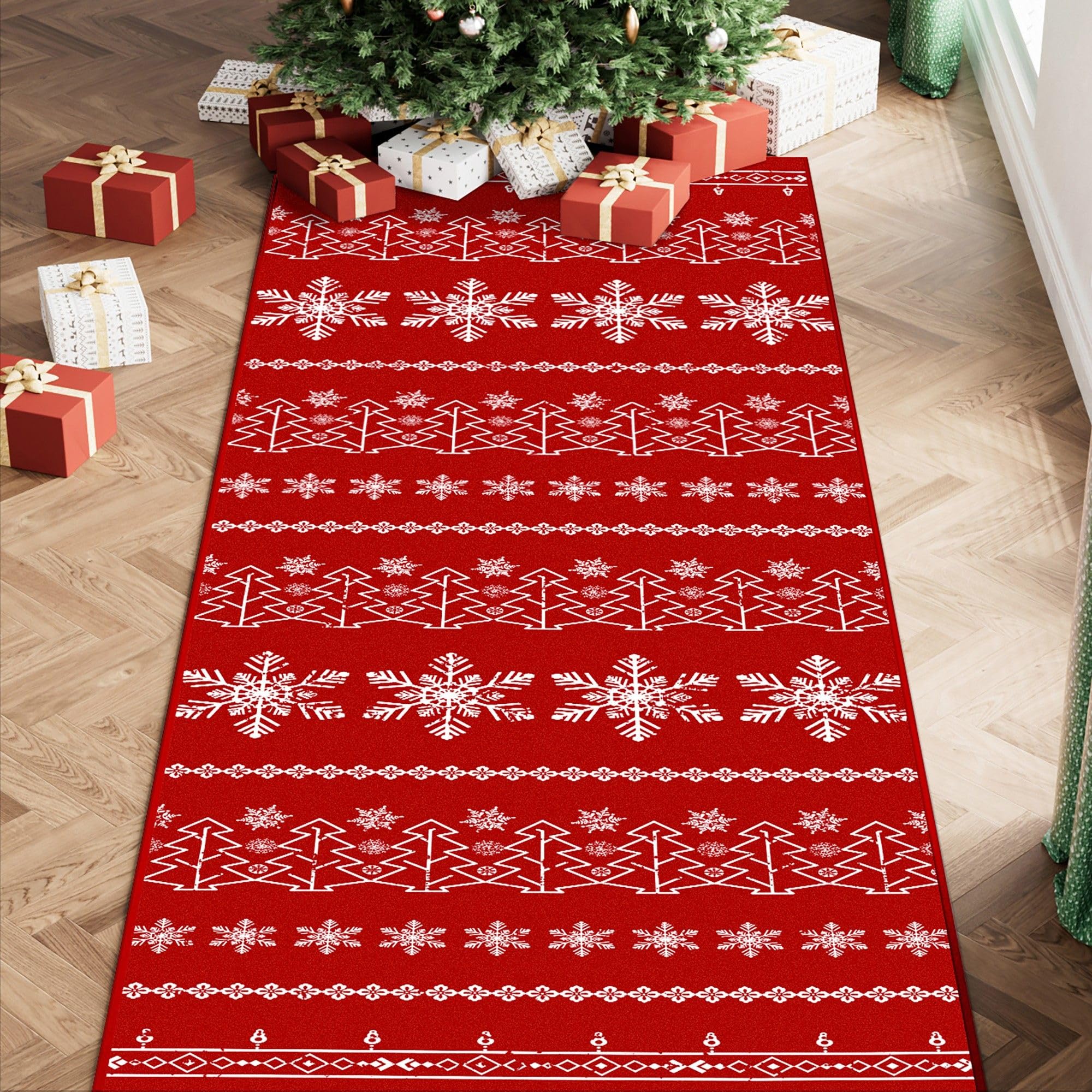 Christmas Runner Rug 2x5 Red Washable Rug Xmas Snowflake Holiday Decor ...