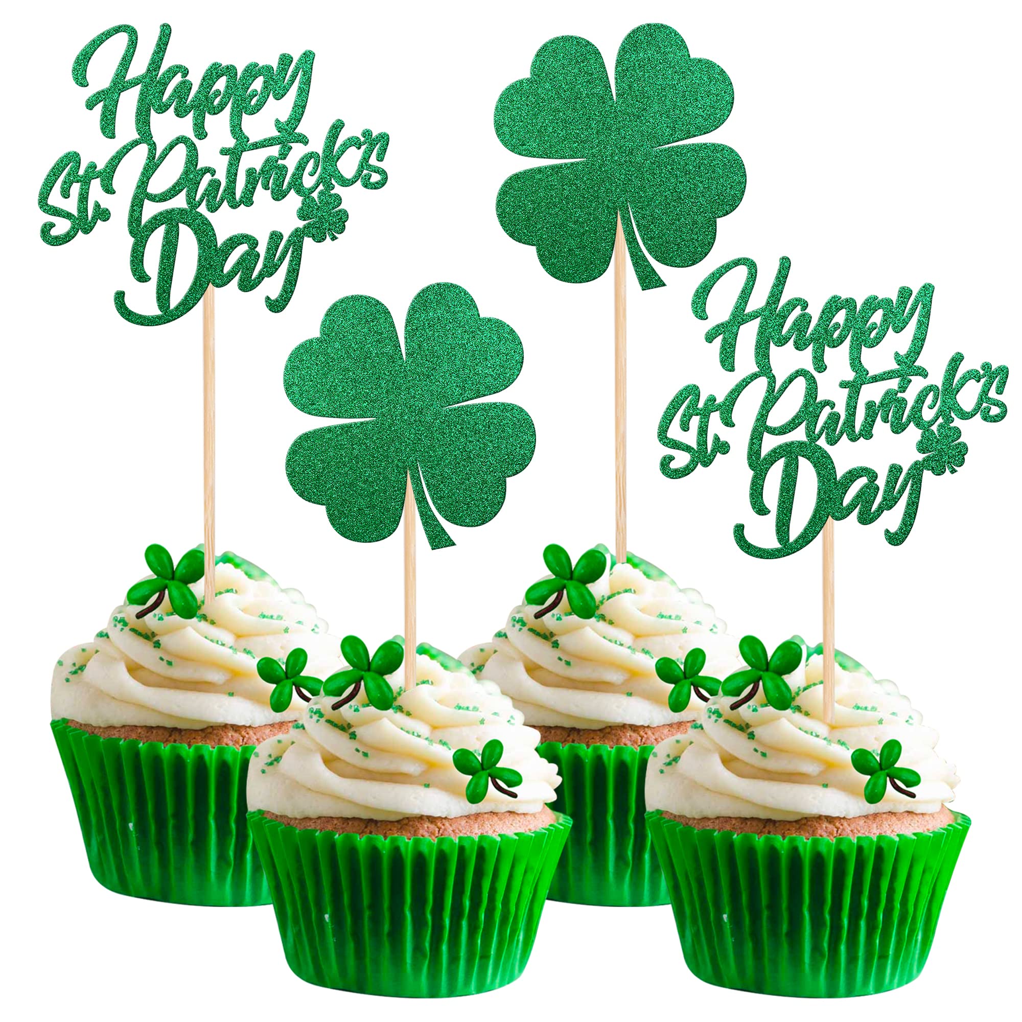Amazon.com: 24 PCS Happy St Patrick's Day Cupcake Toppers Green Glitter ...