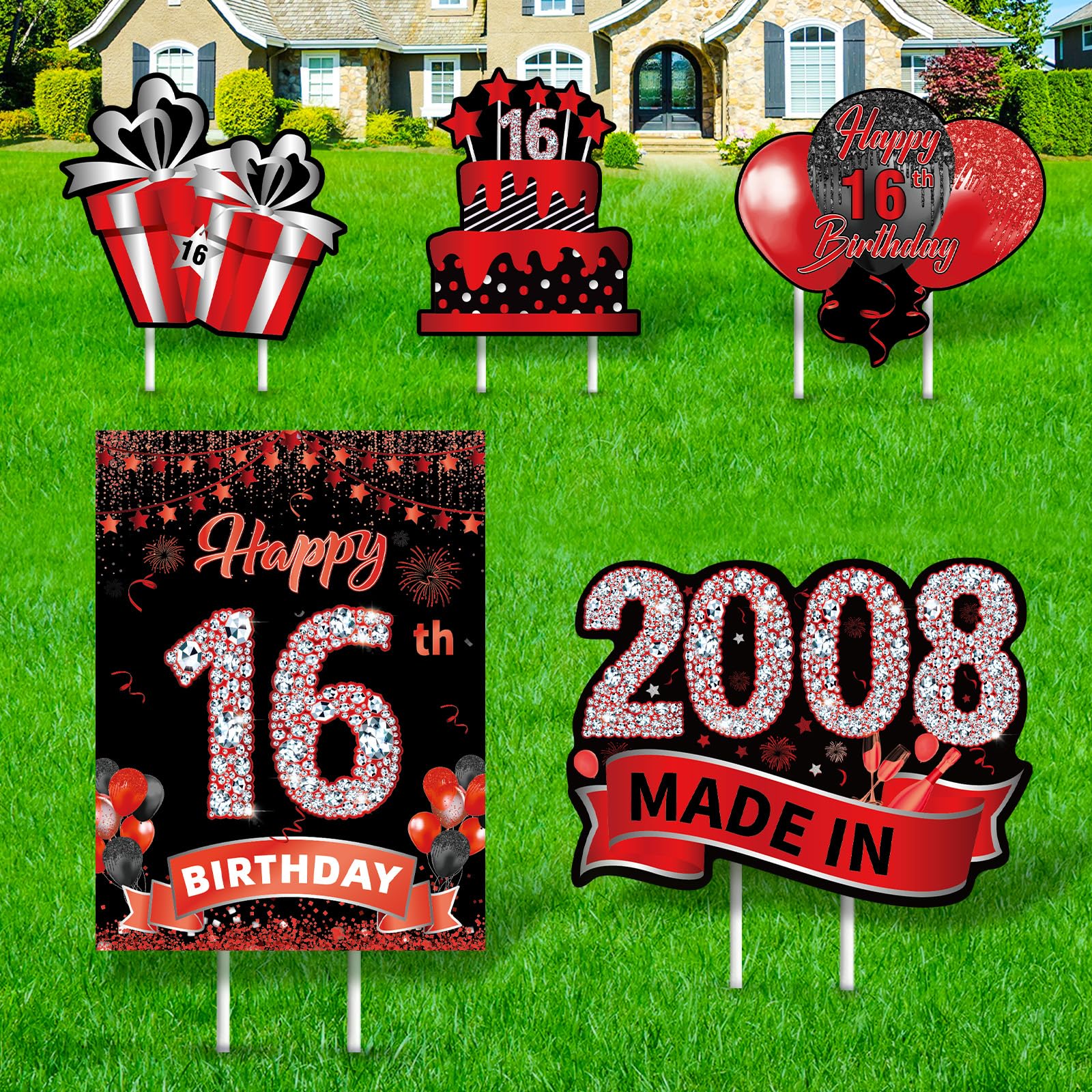 Amazon.com : 5Pcs 16th Birthday Yard Sign Decorations, Red Black Happy ...