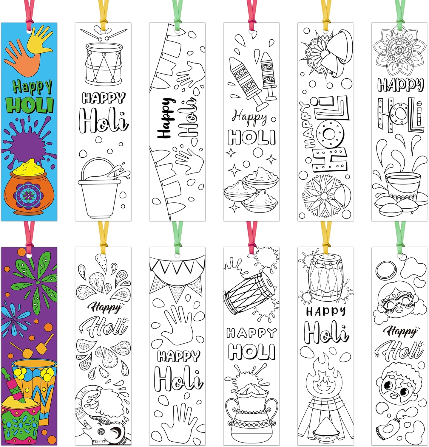 Amazon.com : 75Pcs Holi Color Your Own Bookmarks Happy Holi DIY ...