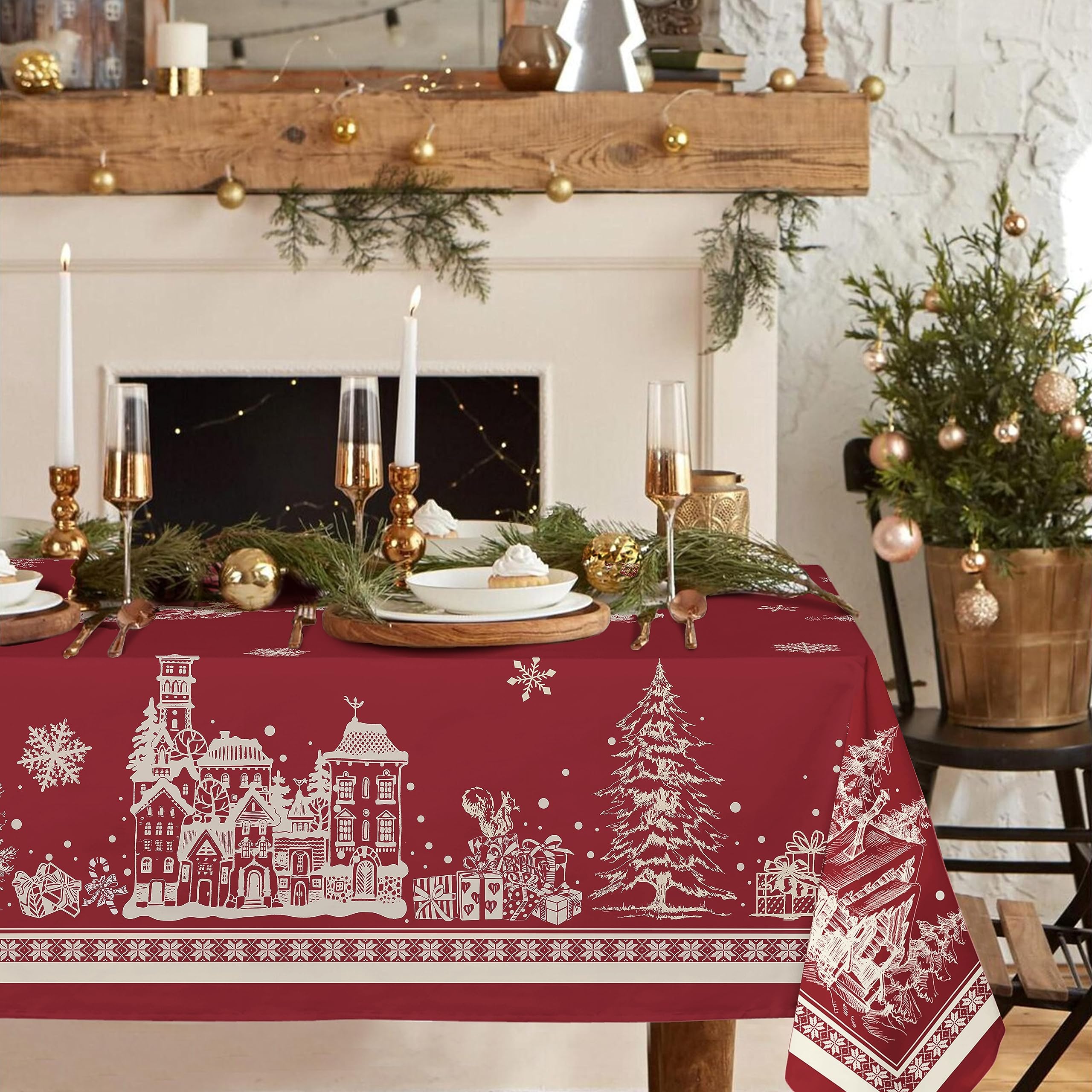 Amazon.com: Rectangle Christmas Tablecloth 60x84In,Christmas Tree Elk ...