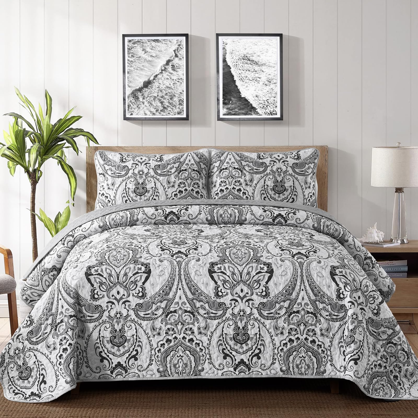 Amazon.com: Drucon Grey Paisley Quilt Set Queen 3 Pieces Boho Paisley ...