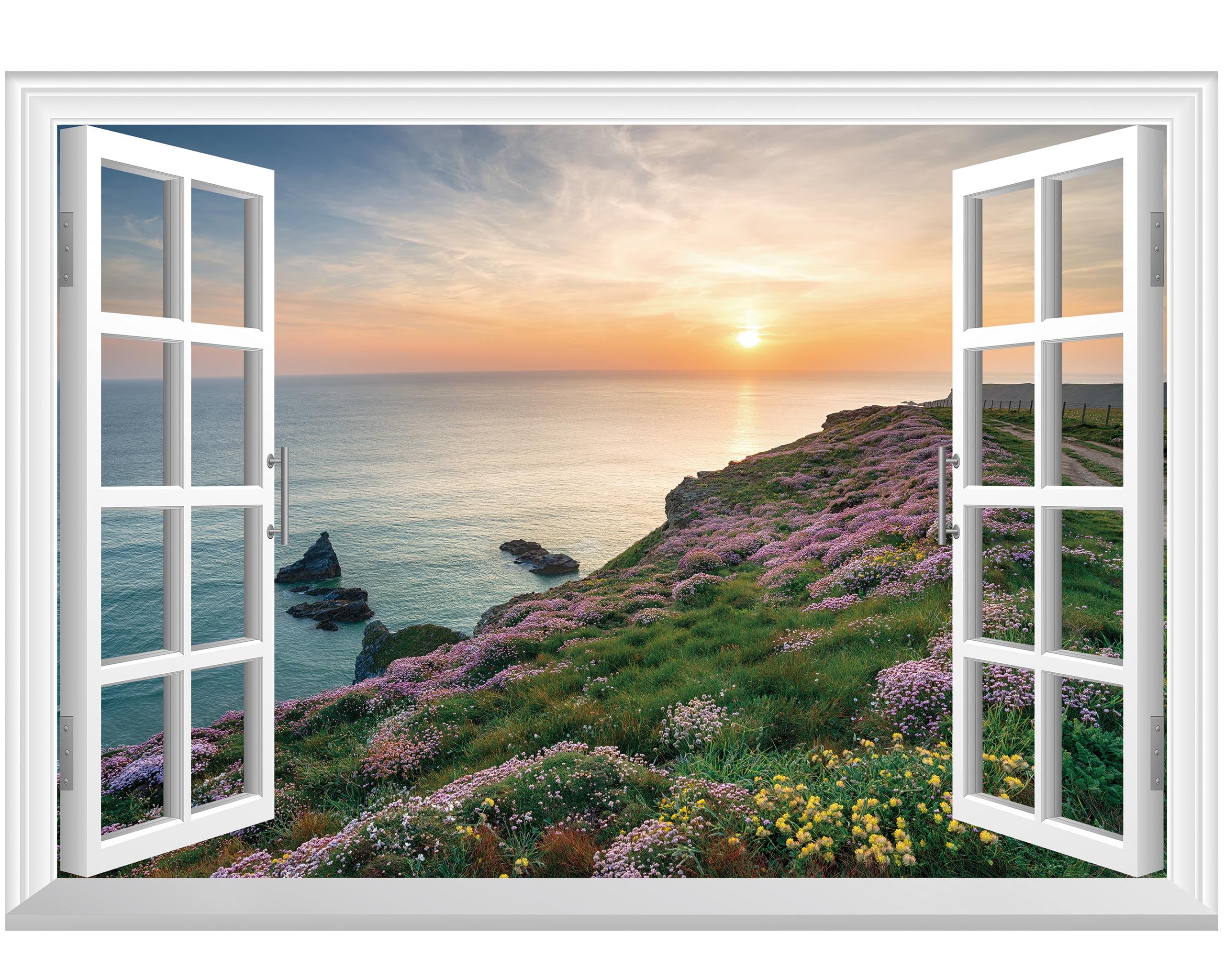 Amazon.com: FLFK Fake Window Wall Mural - Sunset Over The Sea Faux ...