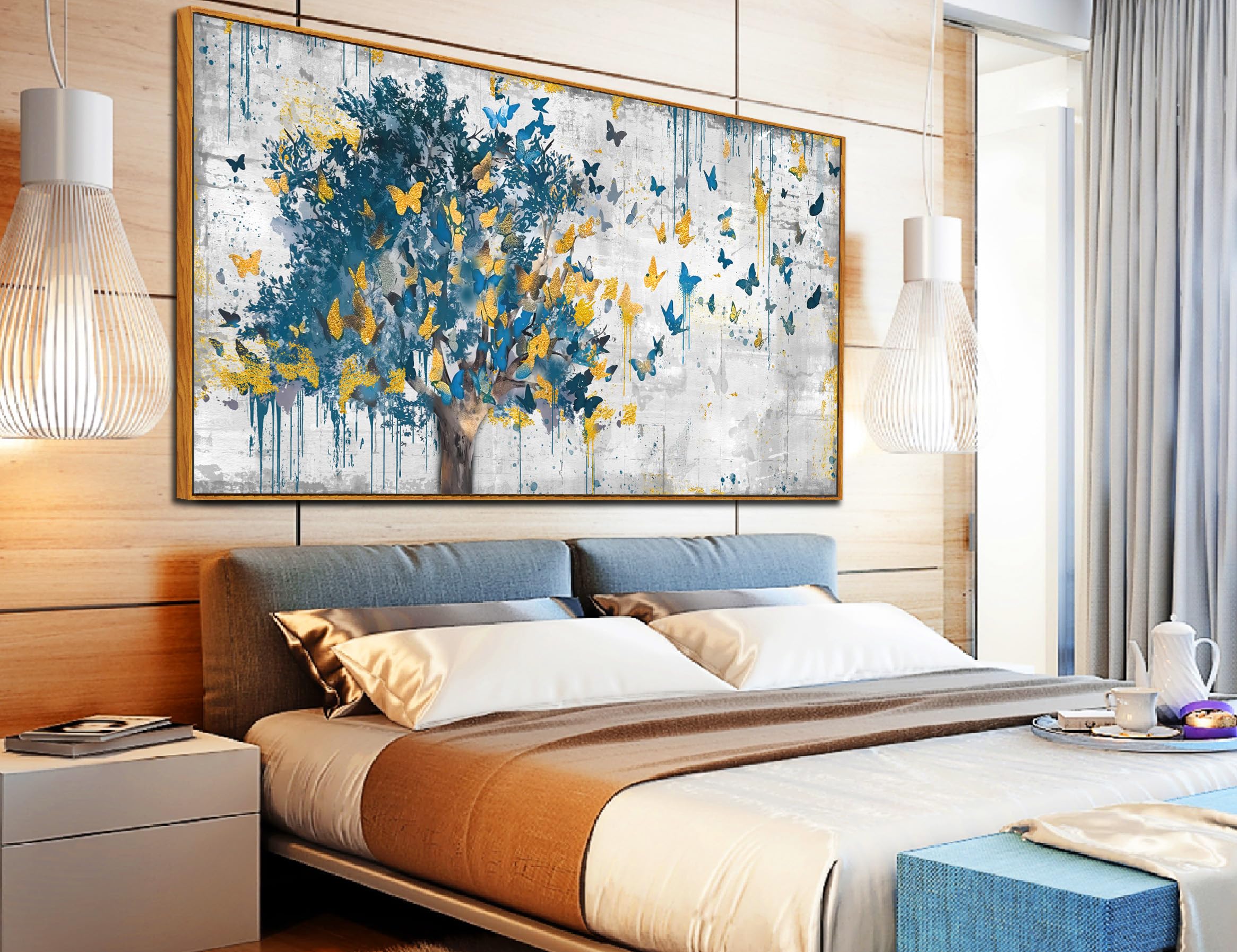 Amazon.com: Large Framed Canvas Wall Art Blue Tree Golden Butterflies ...